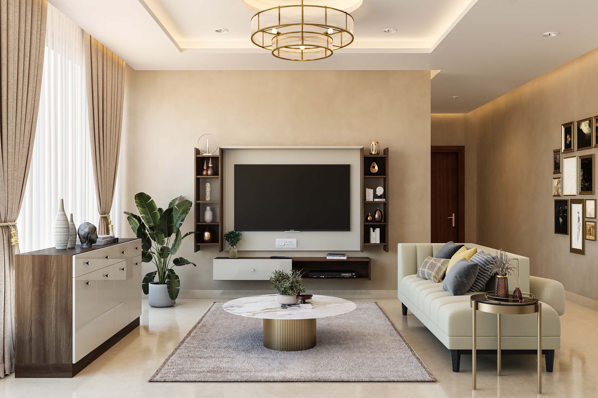 Living Room with Contemporary Beige Sofa, Gold Accent Side Table, Wooden and Glossy Storage Unit ...