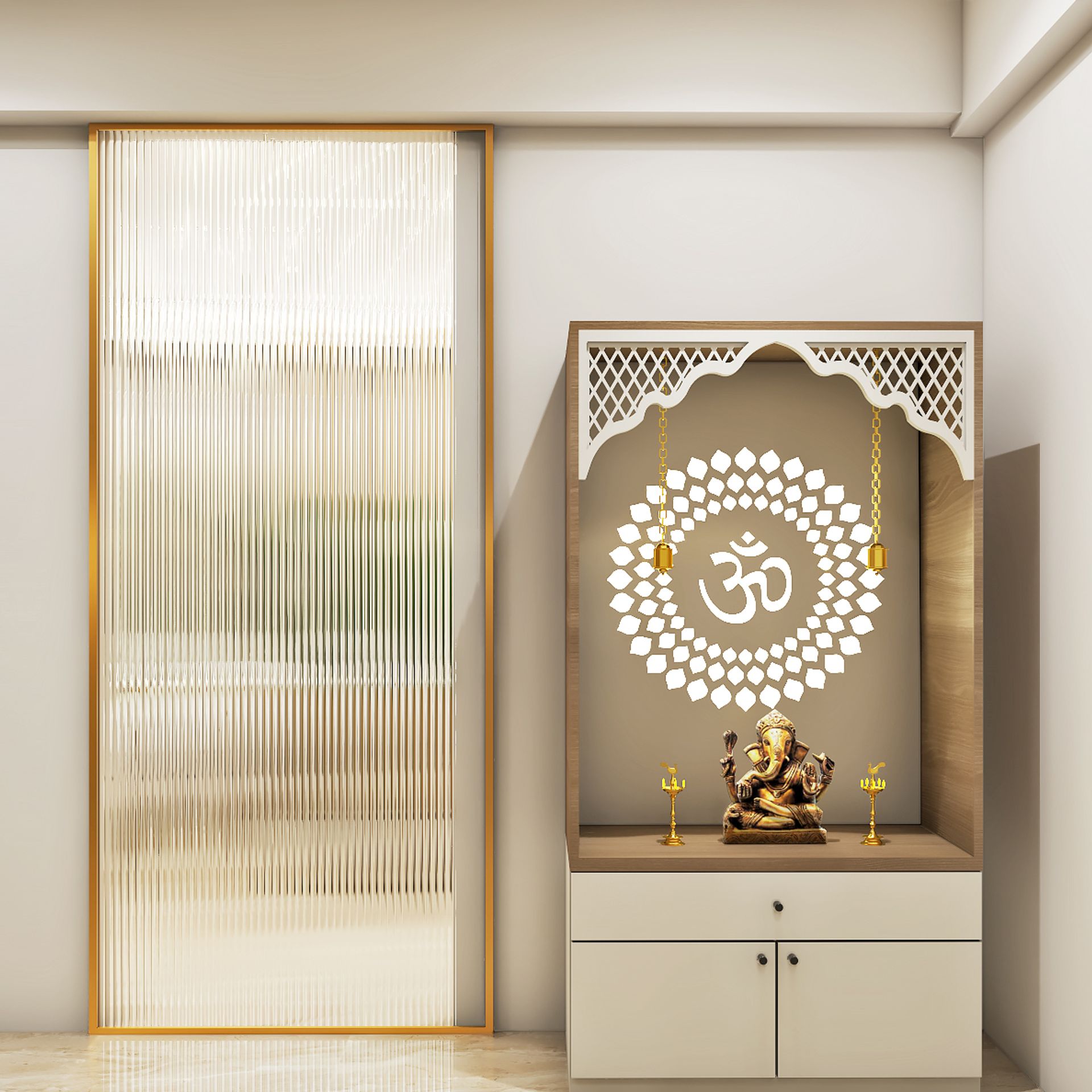 Floor-Mounted Modern Pooja Unit Design with Storage in Champagne and ...