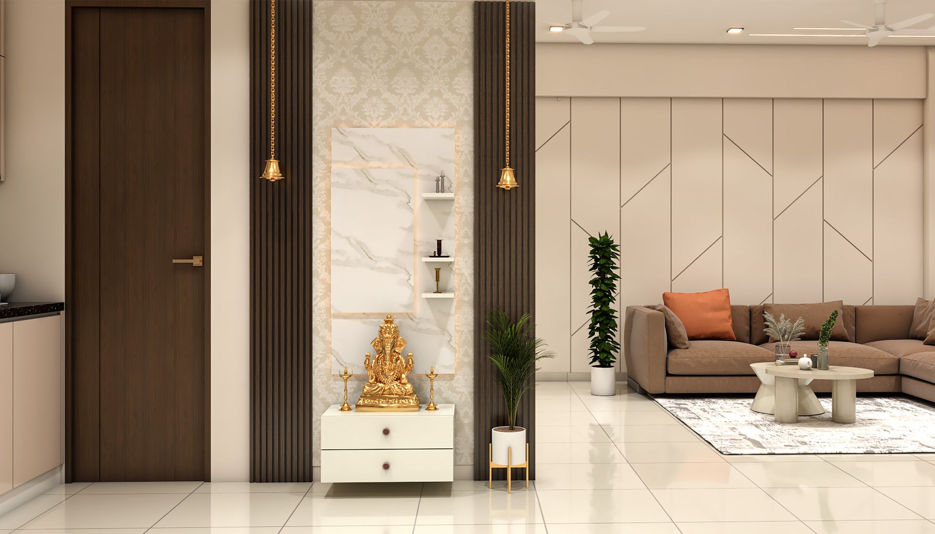 Modern Wall-Mounted Pooja Unit Design with Marble Back Panel and Golden ...