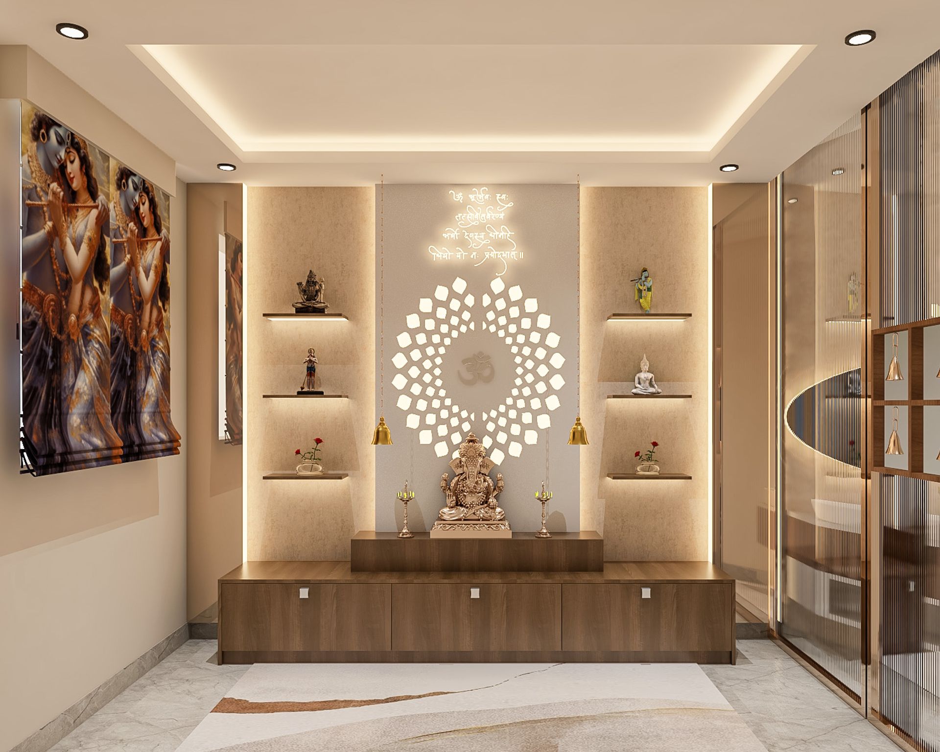 Pooja Room Design with Traditional LED Laser-Cut Back Om Panel and ...