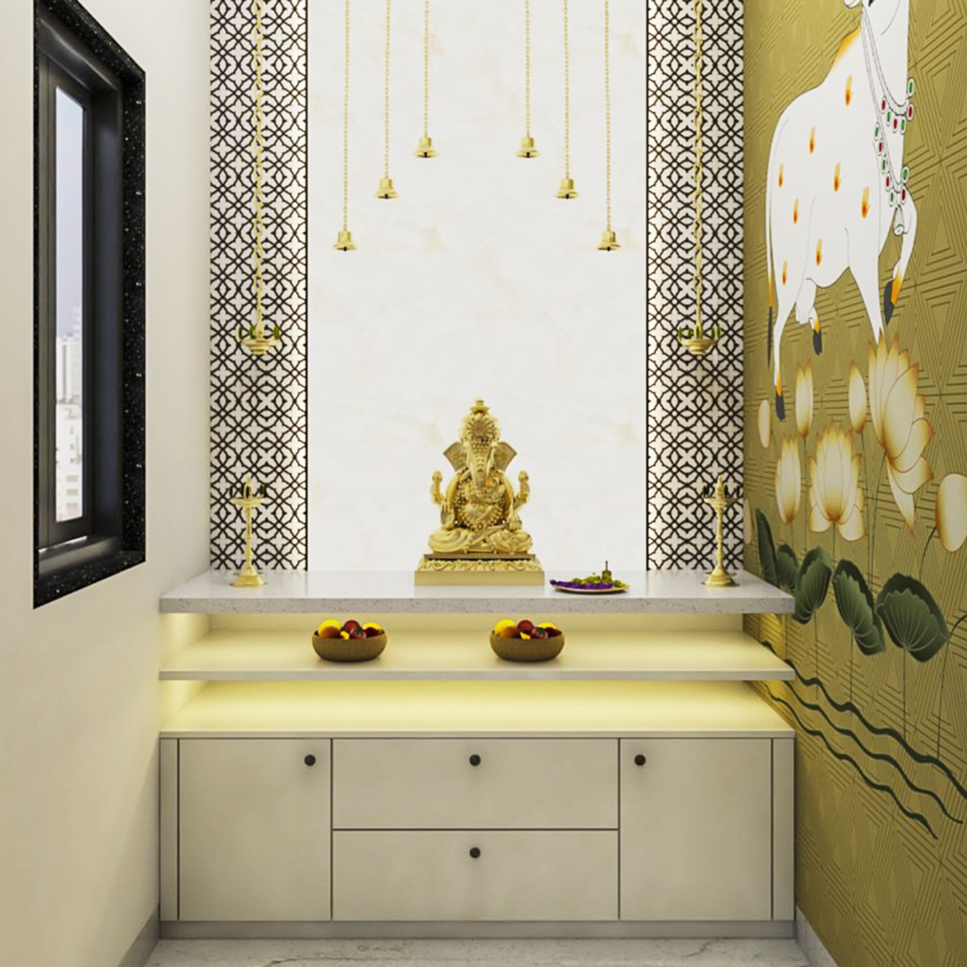 Pooja Room Design with Modern Storage in Champagne Suede Laminate ...