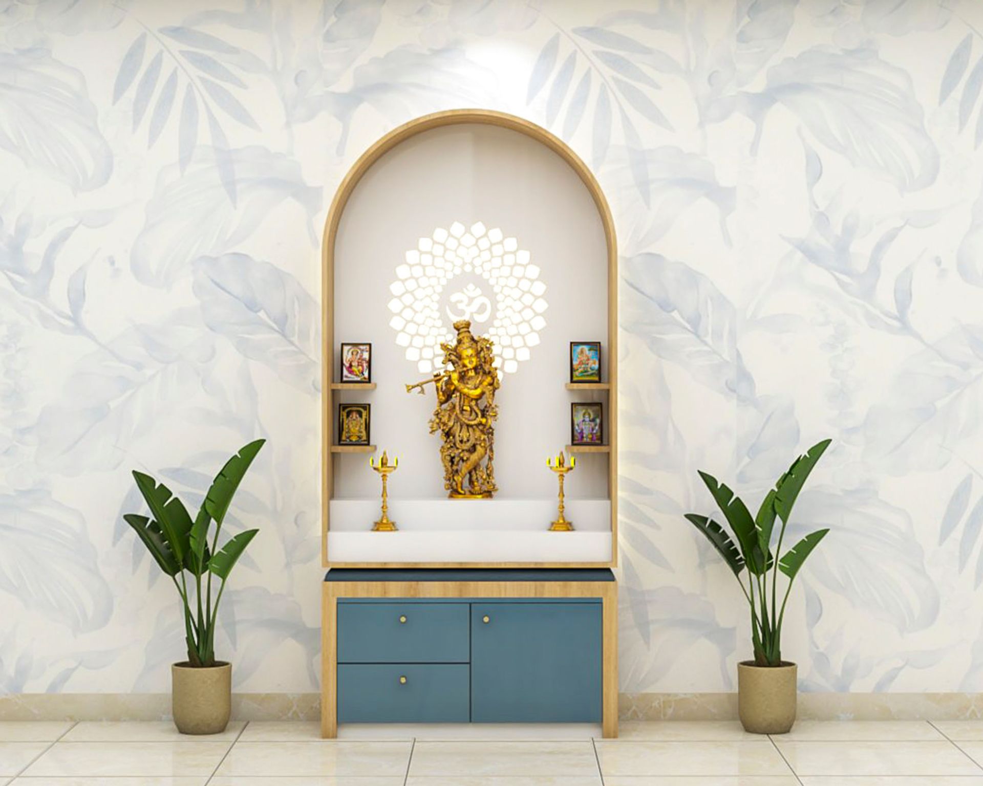 Floor-Mounted Contemporary Pooja Unit Design in Denim Suedette and ...