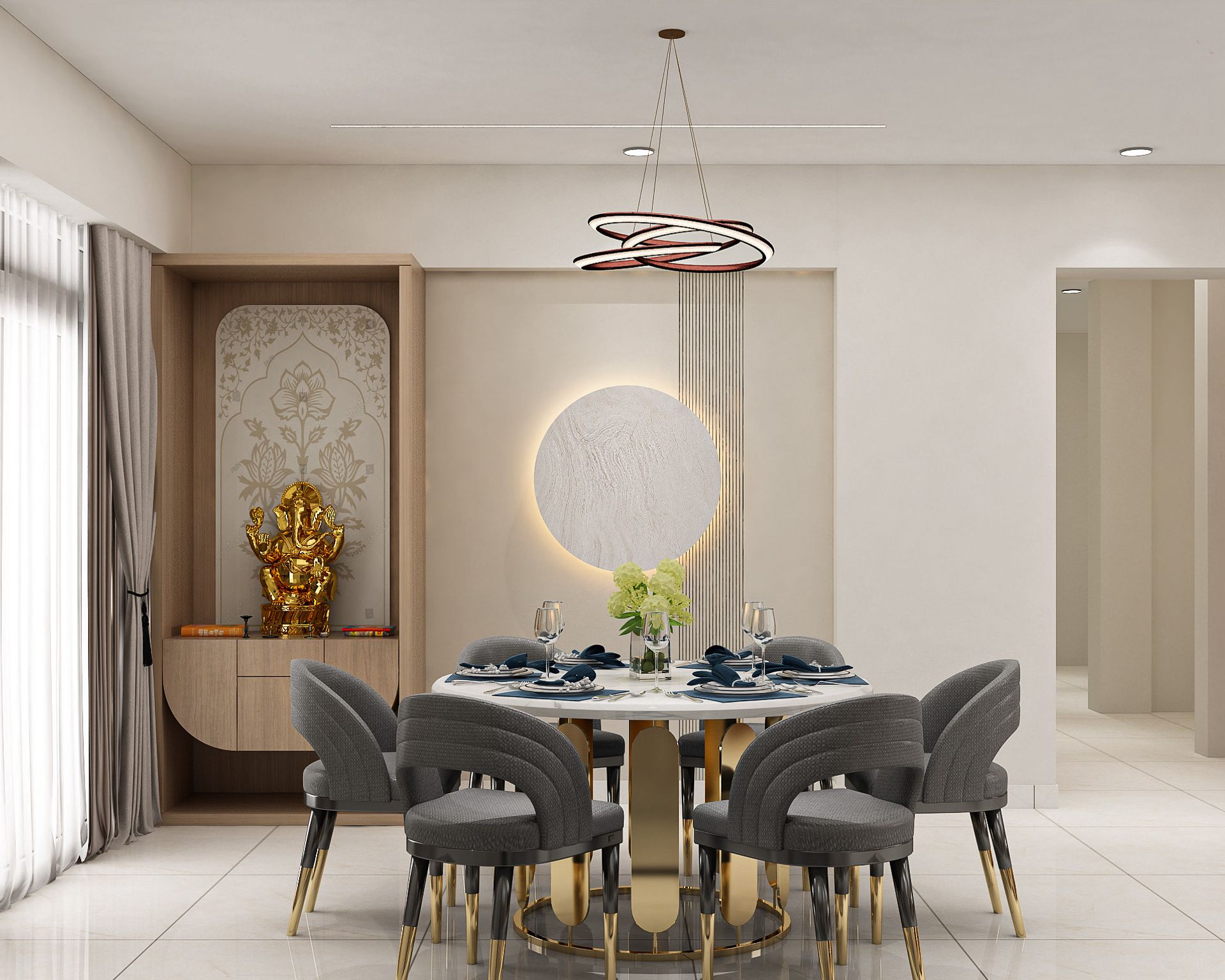 Pooja Unit Design with Contemporary Floating Cabinet, Gold Ganesha and ...