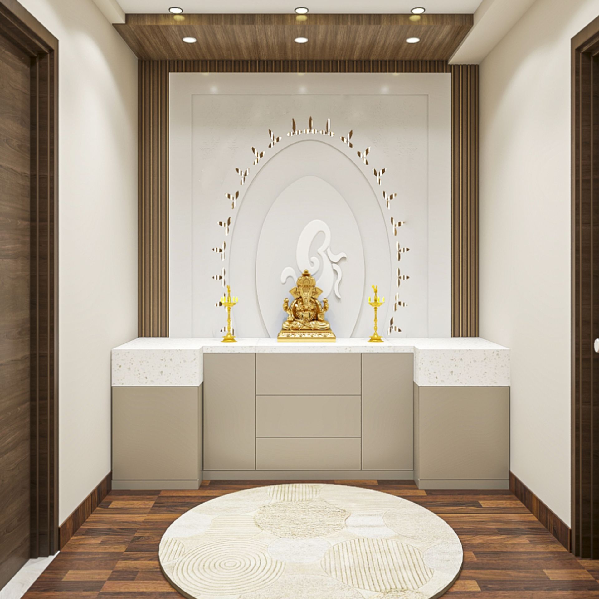 Pooja Room Design with Modern Wall Engravings and Ganesha Idol | Livspace
