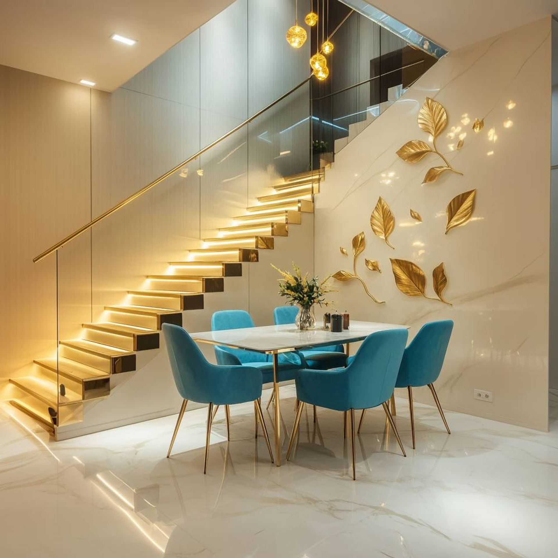 L-Shaped Modern Staircase Design with Glass Railings and Metallic ...