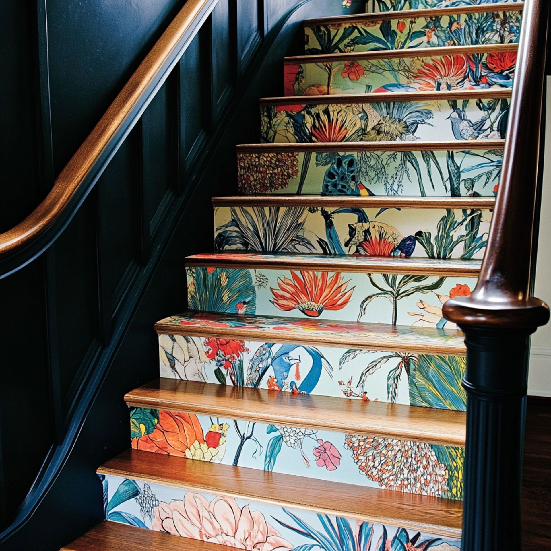 Bohemian Straight Staircase Design with Nature-Print Wallpaper Risers ...