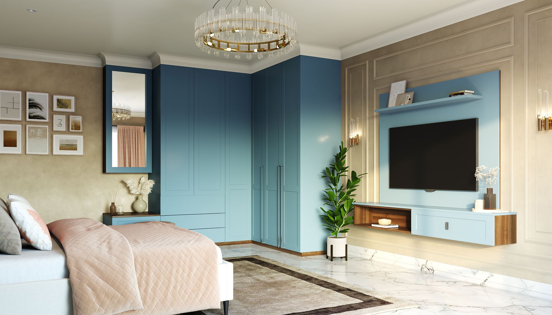 Contemporary TV Unit Design with Open Shelf and Drawer in Denim ...
