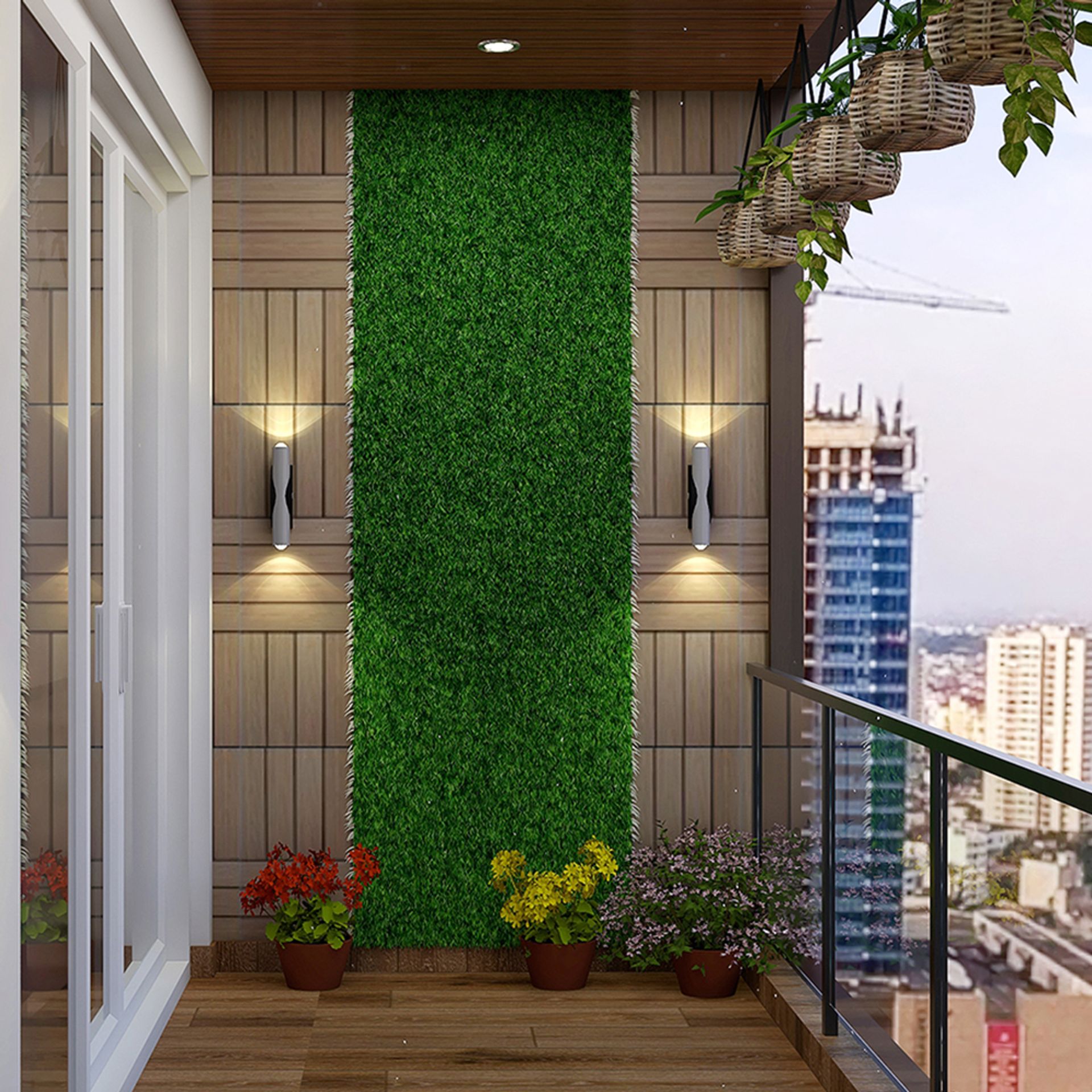 Modern Balcony Design with Central Green Vertical Wall and Glass ...