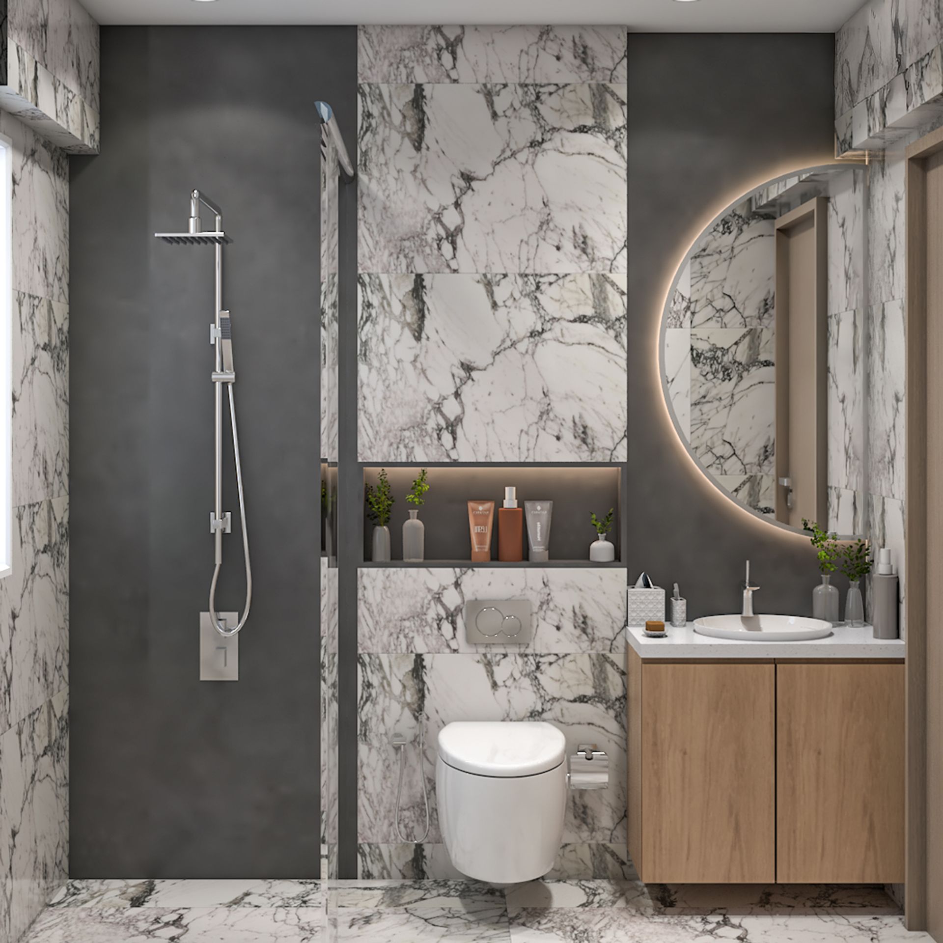 Minimal White and Grey Bathroom Design with White Marble and Floating ...