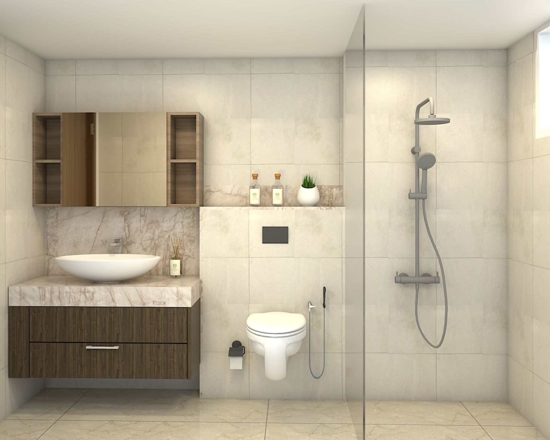 Contemporary Bathroom Design with Light Cream Tiles and Floating Vanity ...