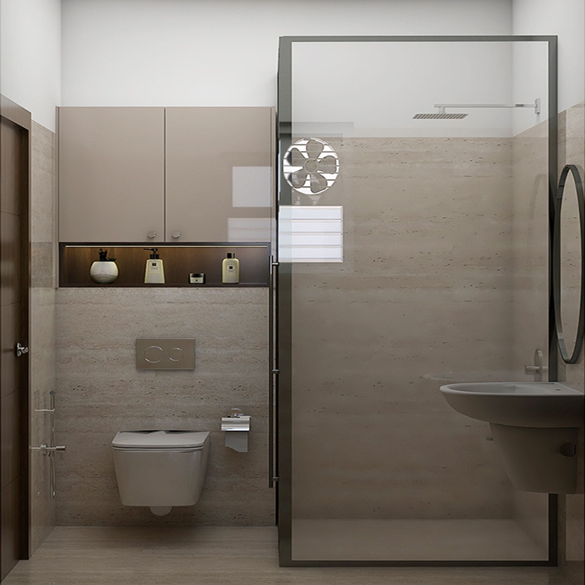 Minimal Bathroom Design with Light Beige Tiles and High-Gloss Vanity ...