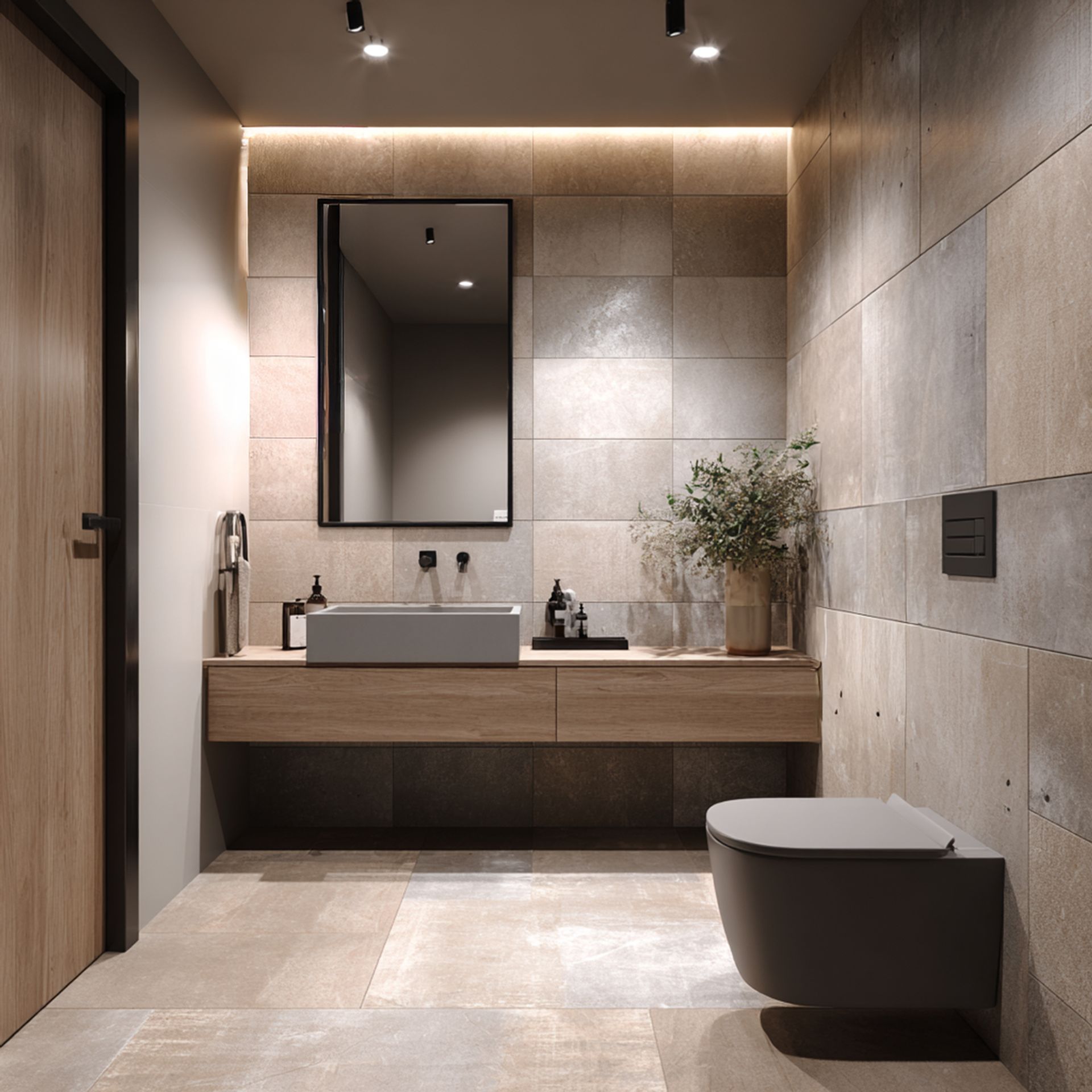Sand Stone Tiles Contemporary Bathroom Design with Concealed Storage ...