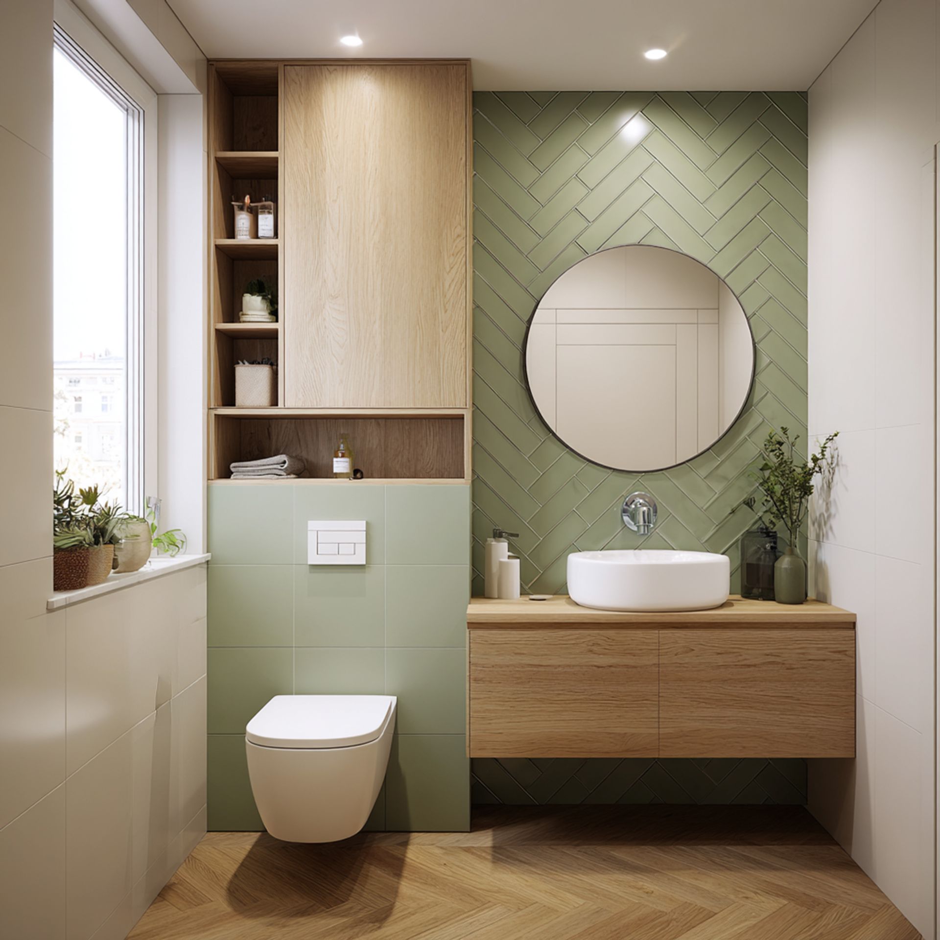 Olive Green Tiles Scandinavian Bathroom Design with Tall Cabinet | Livspace