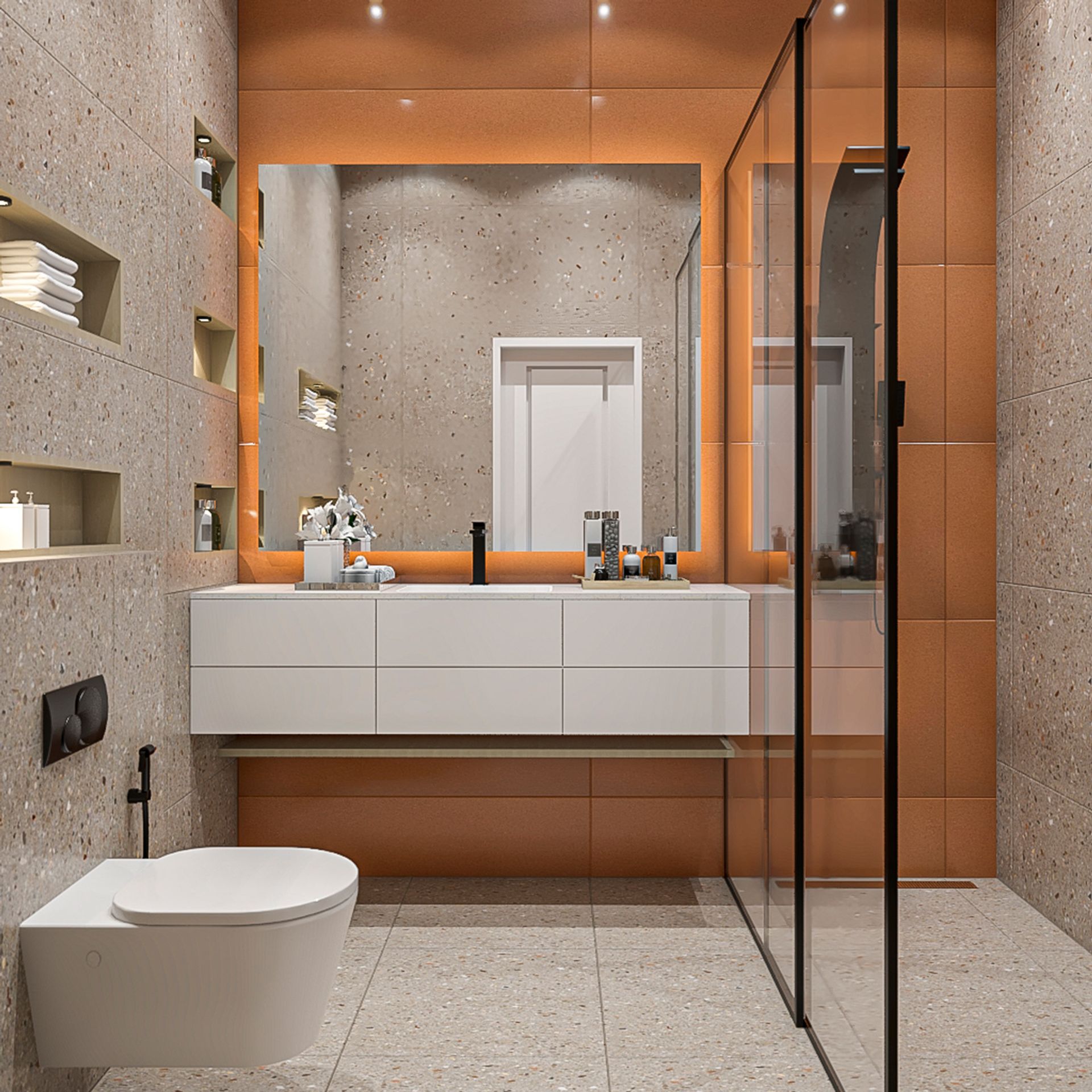 Contemporary Bathroom Design with Off-White and Burnt Orange Wall Tiles ...