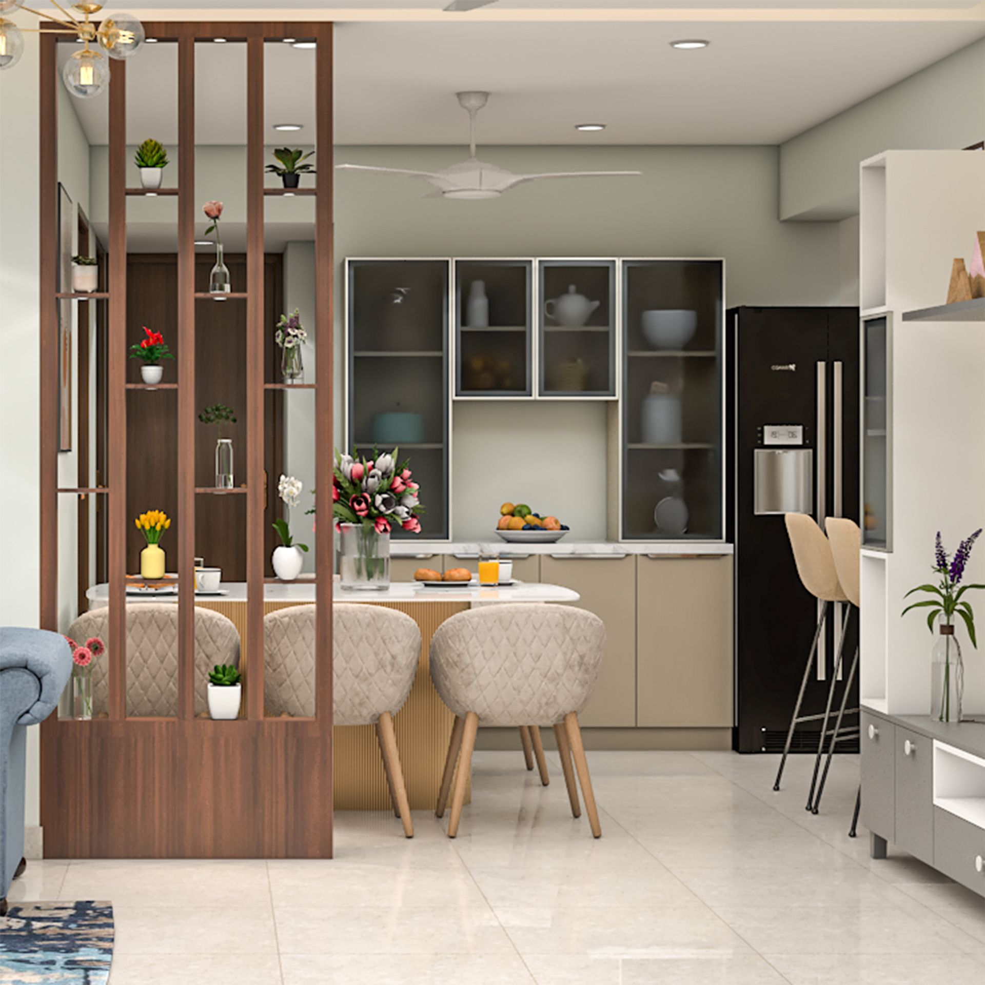 Grey Contemporary Crockery Unit Design with Display Cabinets | Livspace