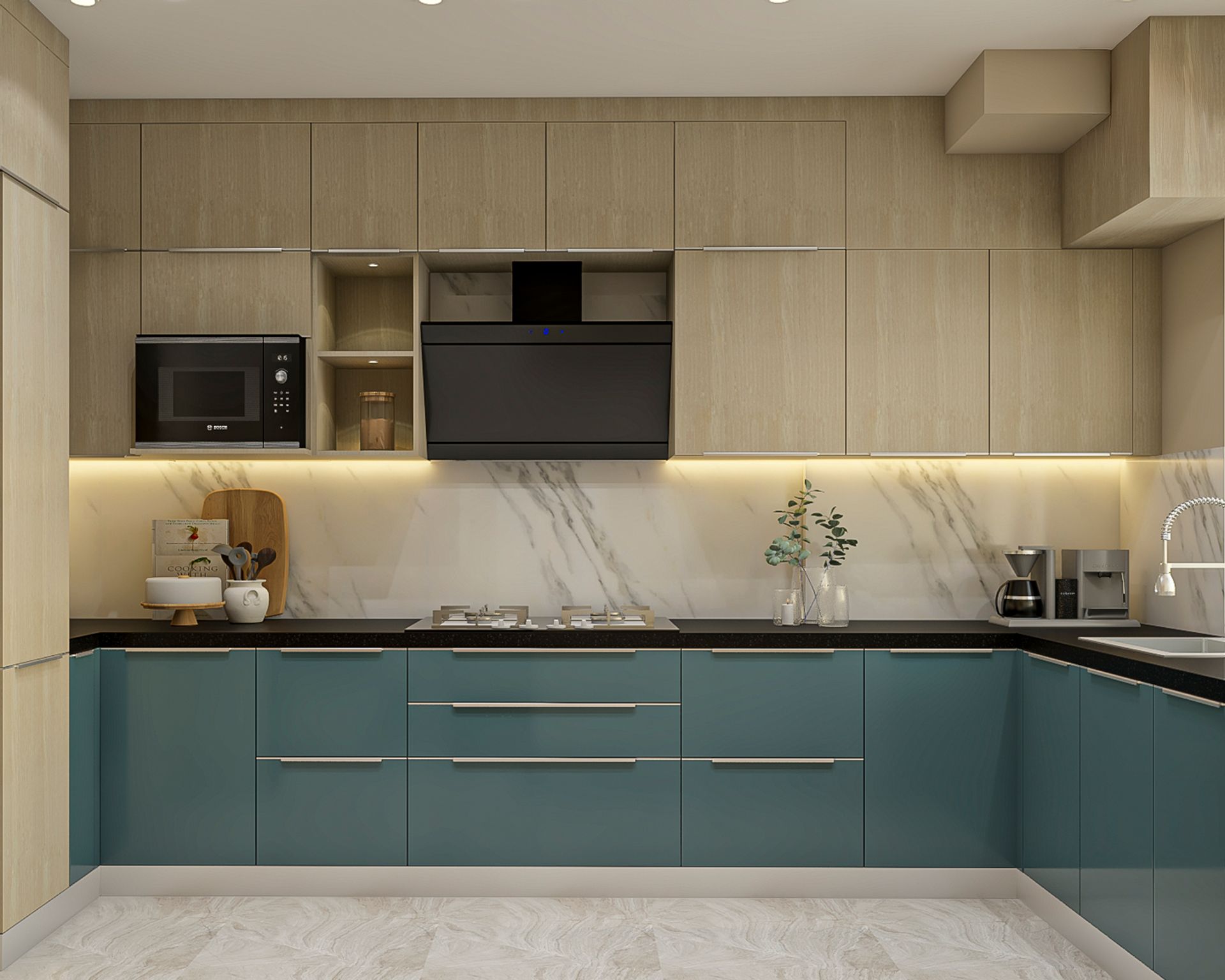 U-Shaped Contemporary Kitchen Design with Granite Countertop and Shore ...