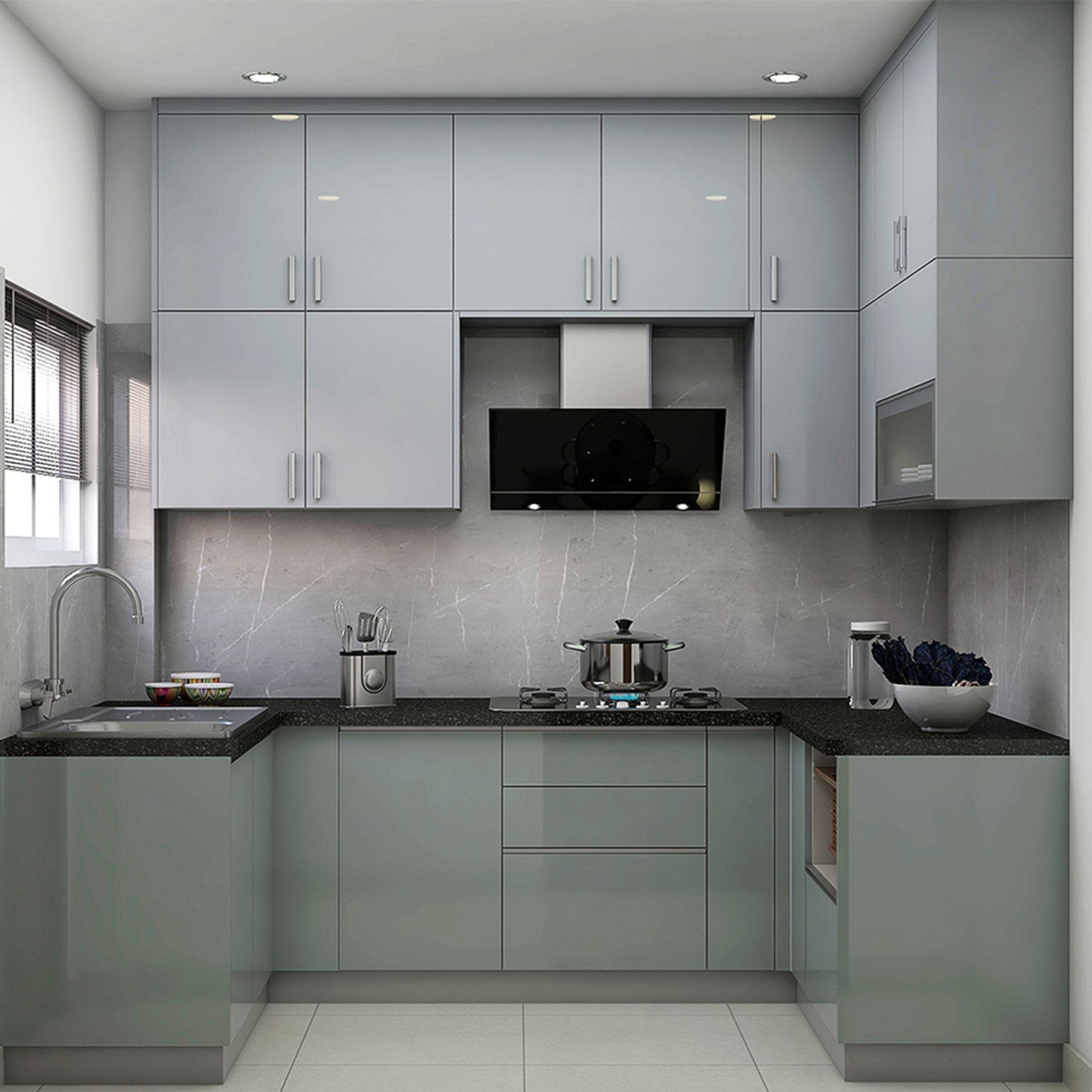 Contemporary Metallic Silver Blue Cabinets U-Shaped Kitchen Design with ...