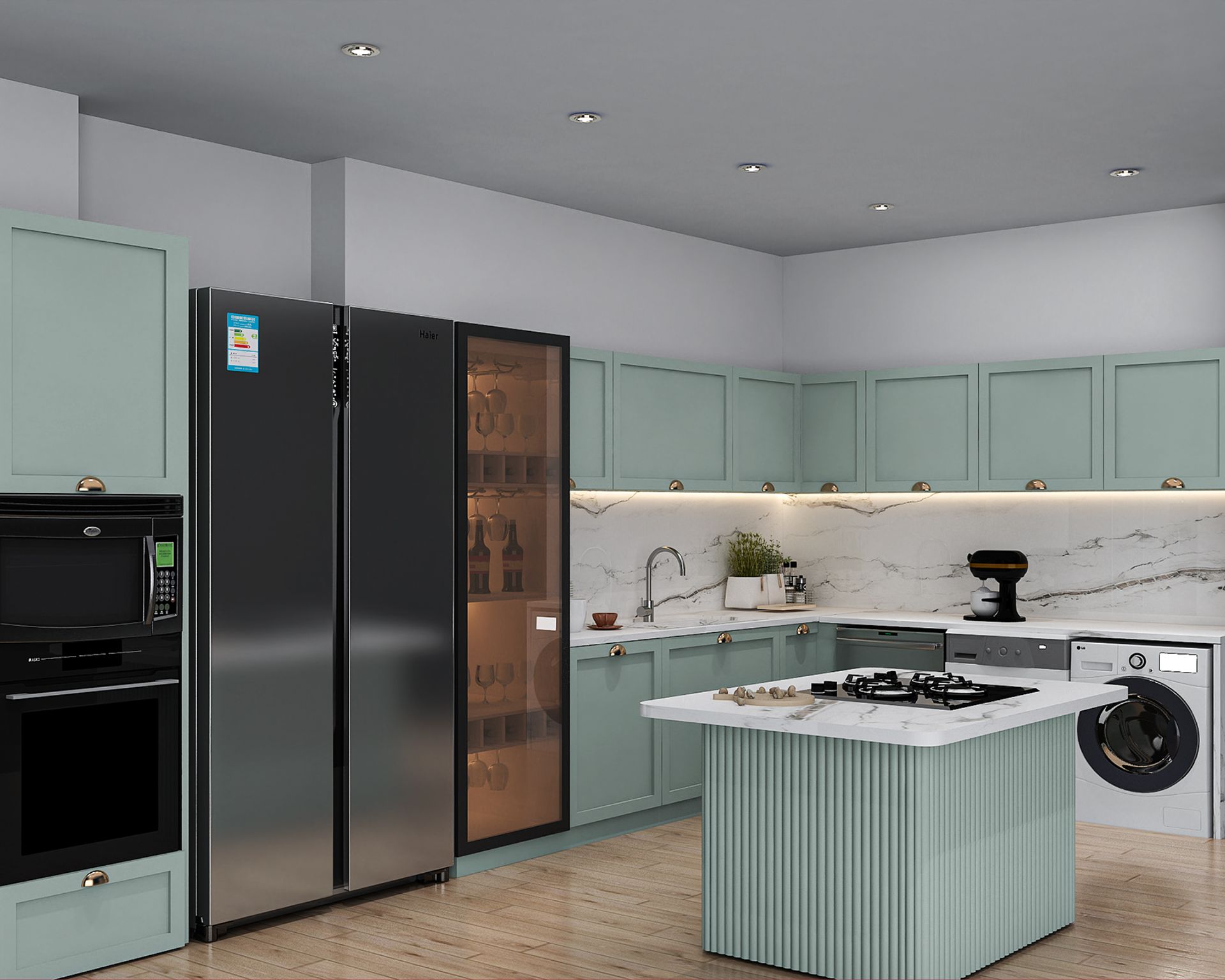 Denim Modern Island Kitchen Design with Beverage and Wine Storage ...