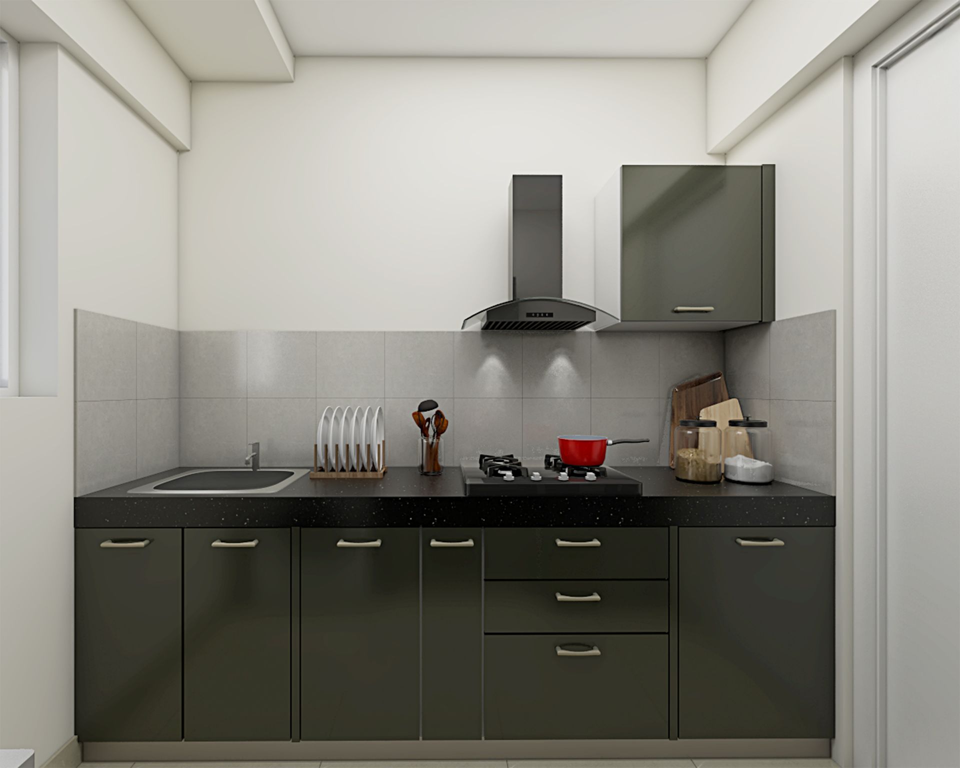 Modern Grey Open Kitchen Design with Matte Granite Countertops | Livspace