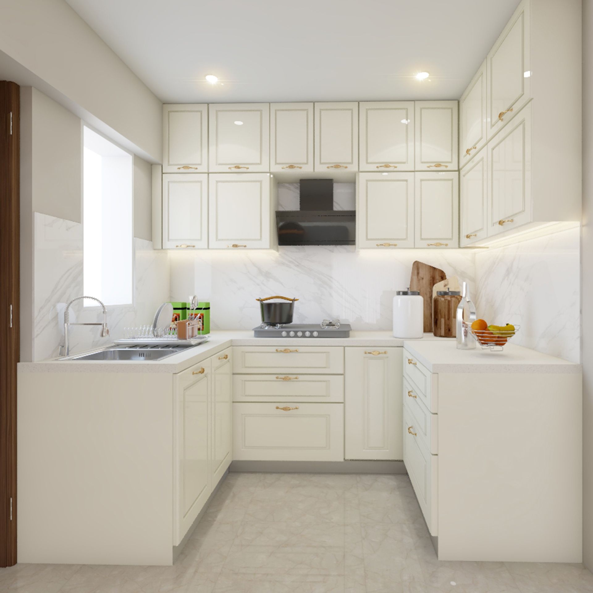 Classic Off-White U-Shaped Kitchen Design with Quartz Countertops ...