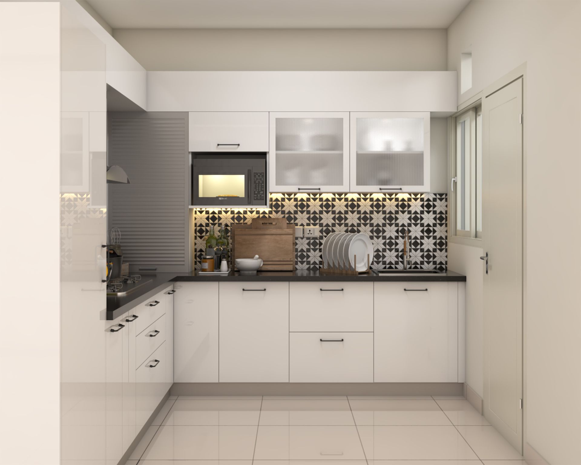 L-Shaped Minimal Kitchen Design with High Gloss Cabinets and Granite ...