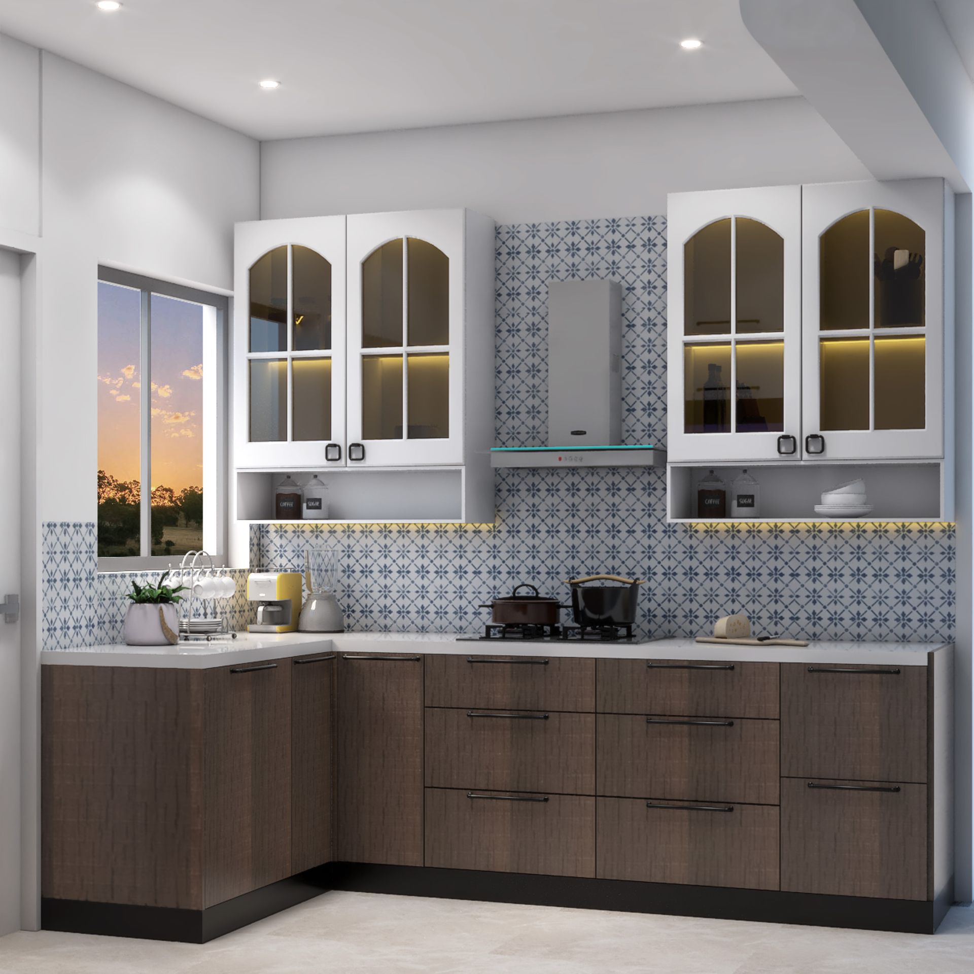 Wood and Off-White Indian Traditional Parallel Kitchen Design with ...