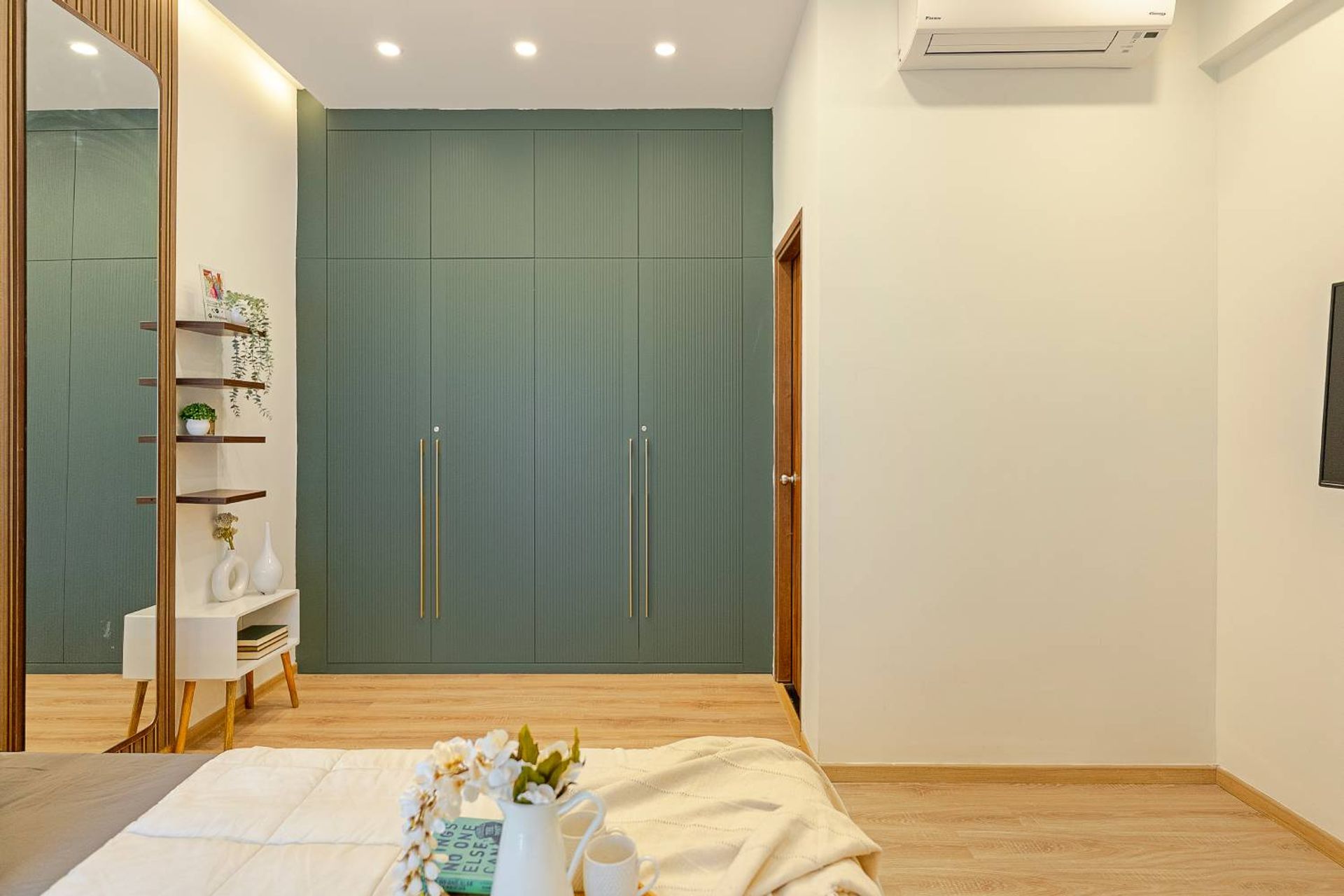 Green 4-Door Modern Swing Wardrobe Design with Matte Finish and Gold ...