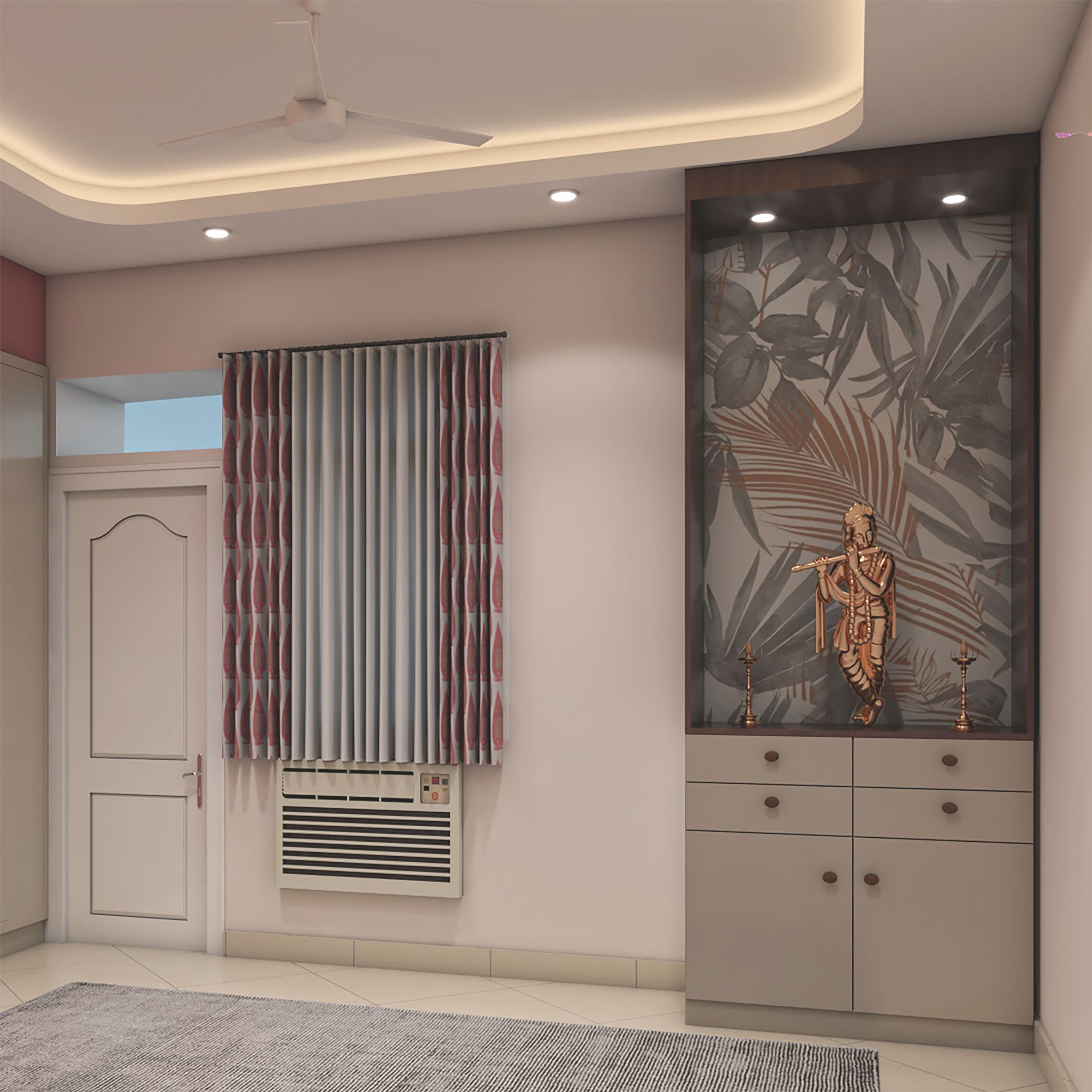 Modern Floor-Mounted Pooja Design with Leaf Pattern Back Panel and ...