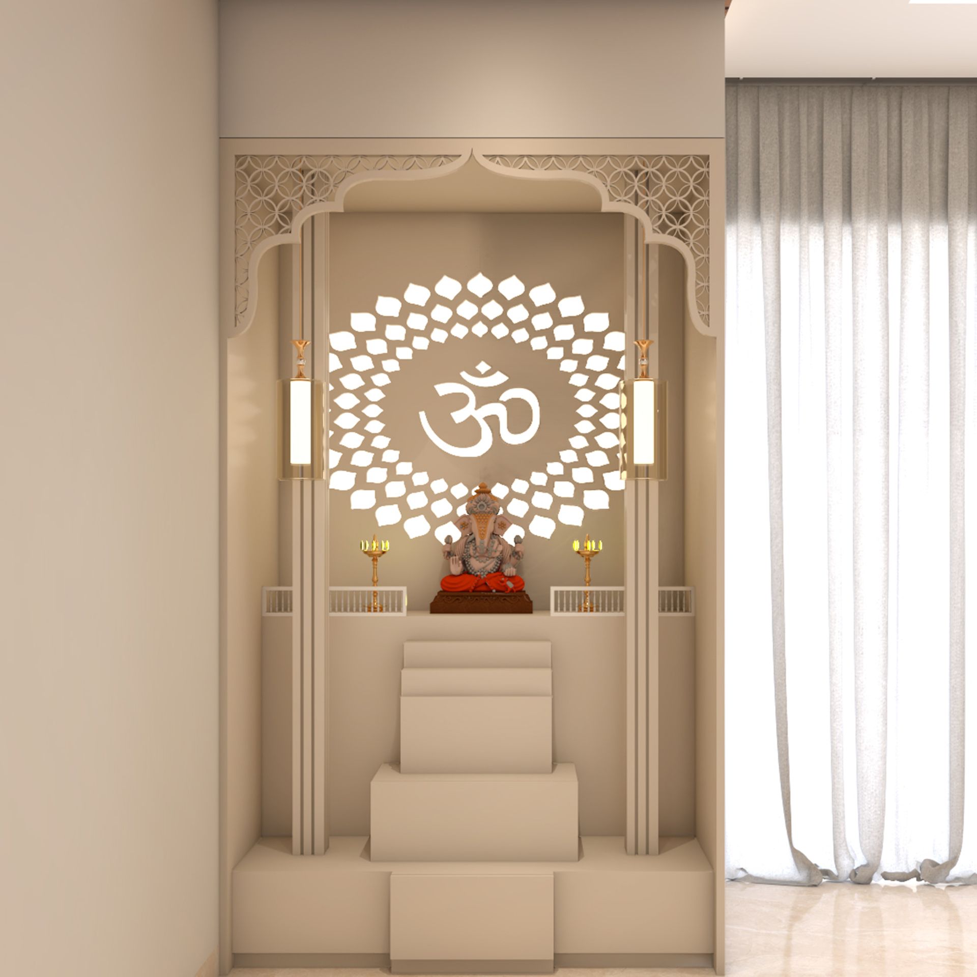 Floor-Mounted Traditional Pooja Design Featuring Laser-Cut Panels ...