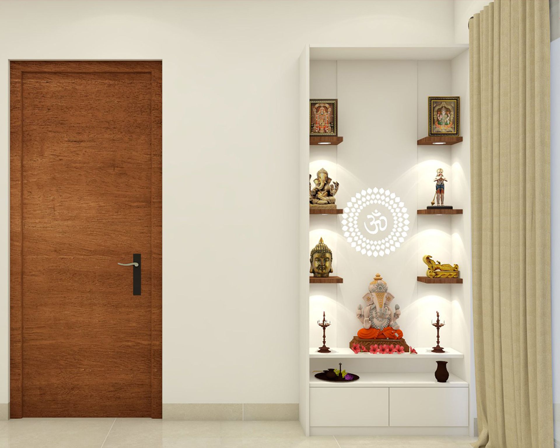 Modern Glowing Om White Pooja Room Design with Storage Cabinets | Livspace
