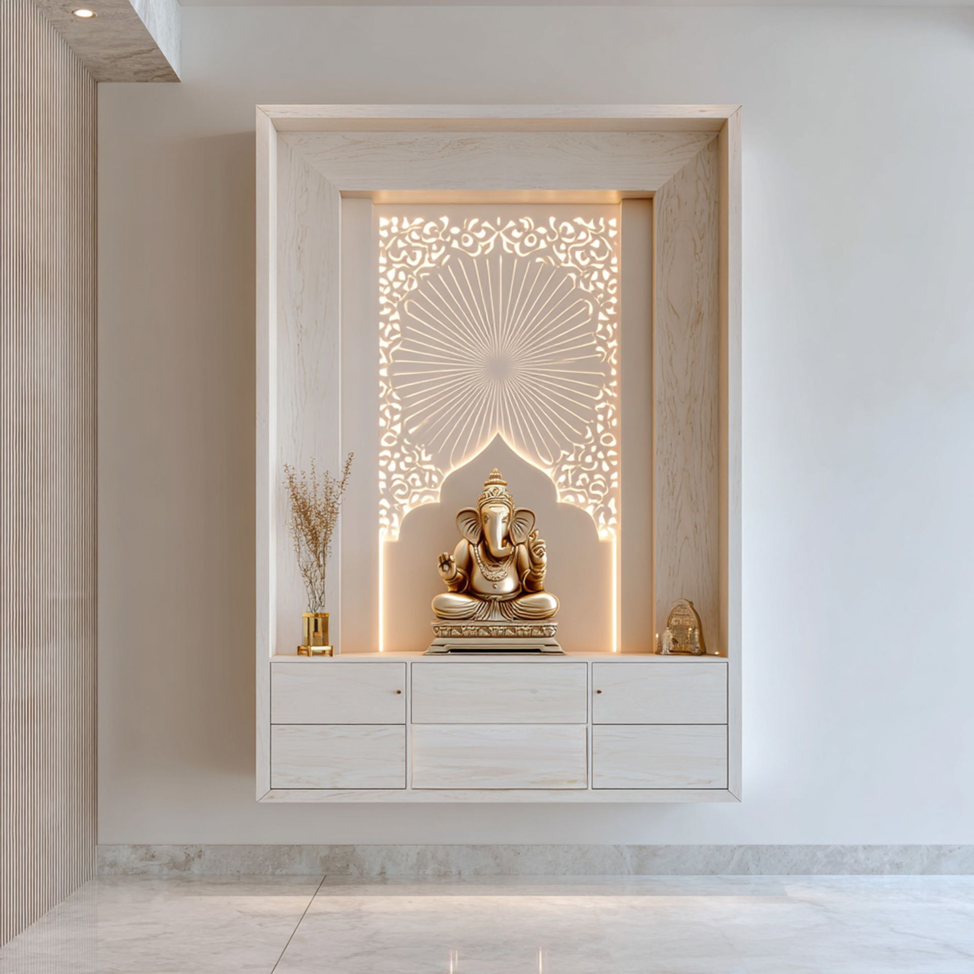 Ash Wood Wall Mounted Minimal Pooja Room Design with Jaali Arch | Livspace