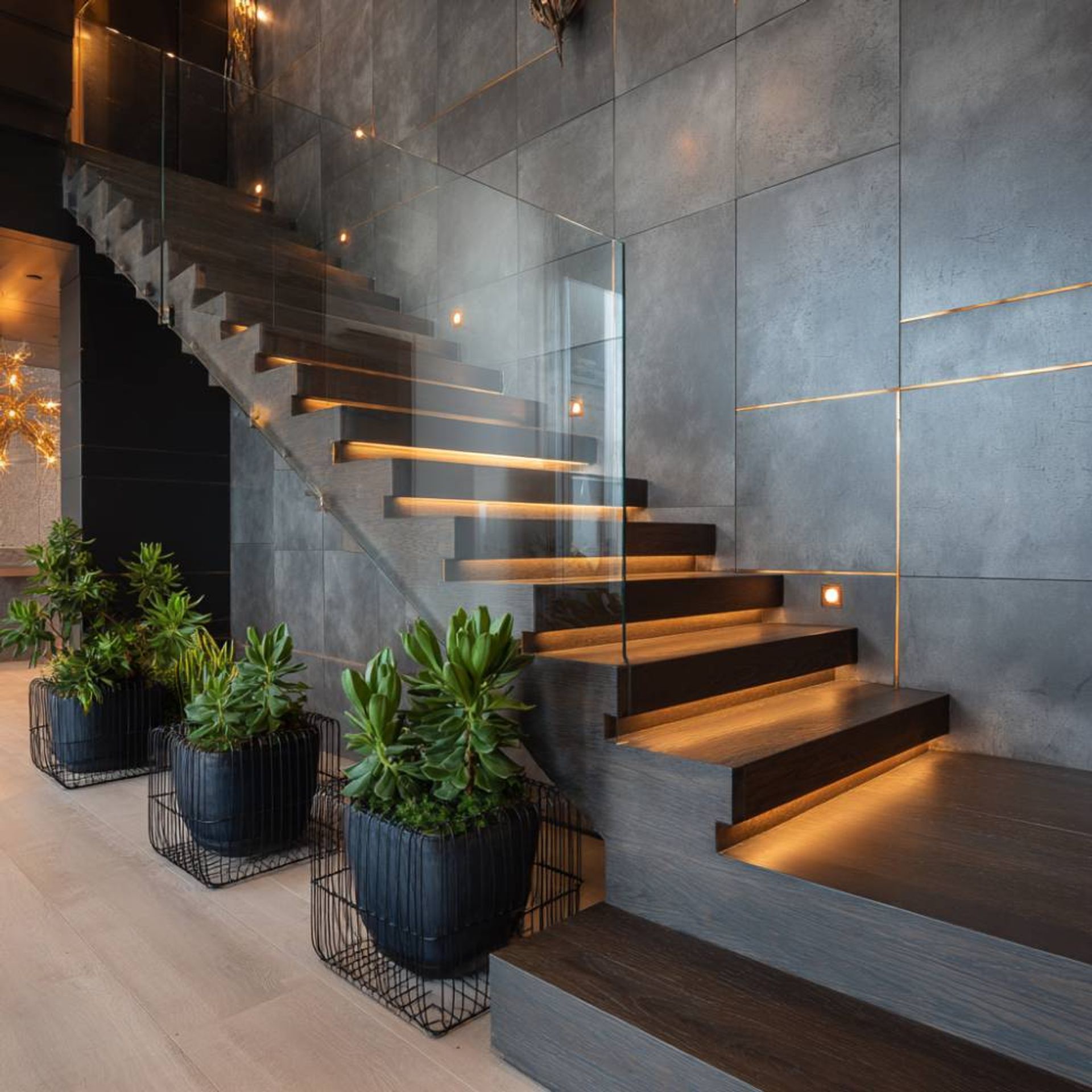 L-Shaped Rustic Staircase Design with Wooden Texture and Glass Railings ...