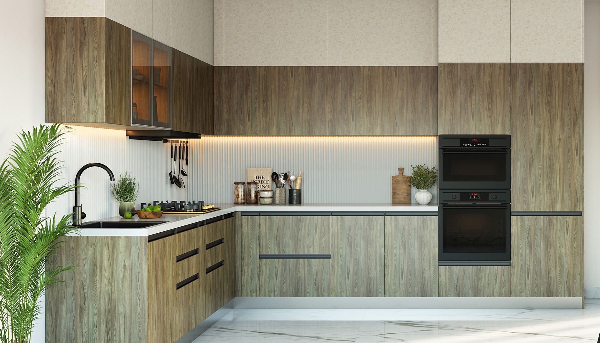 Rectangular Off-White Kitchen Tile Design with Vertical Fluted Finish ...