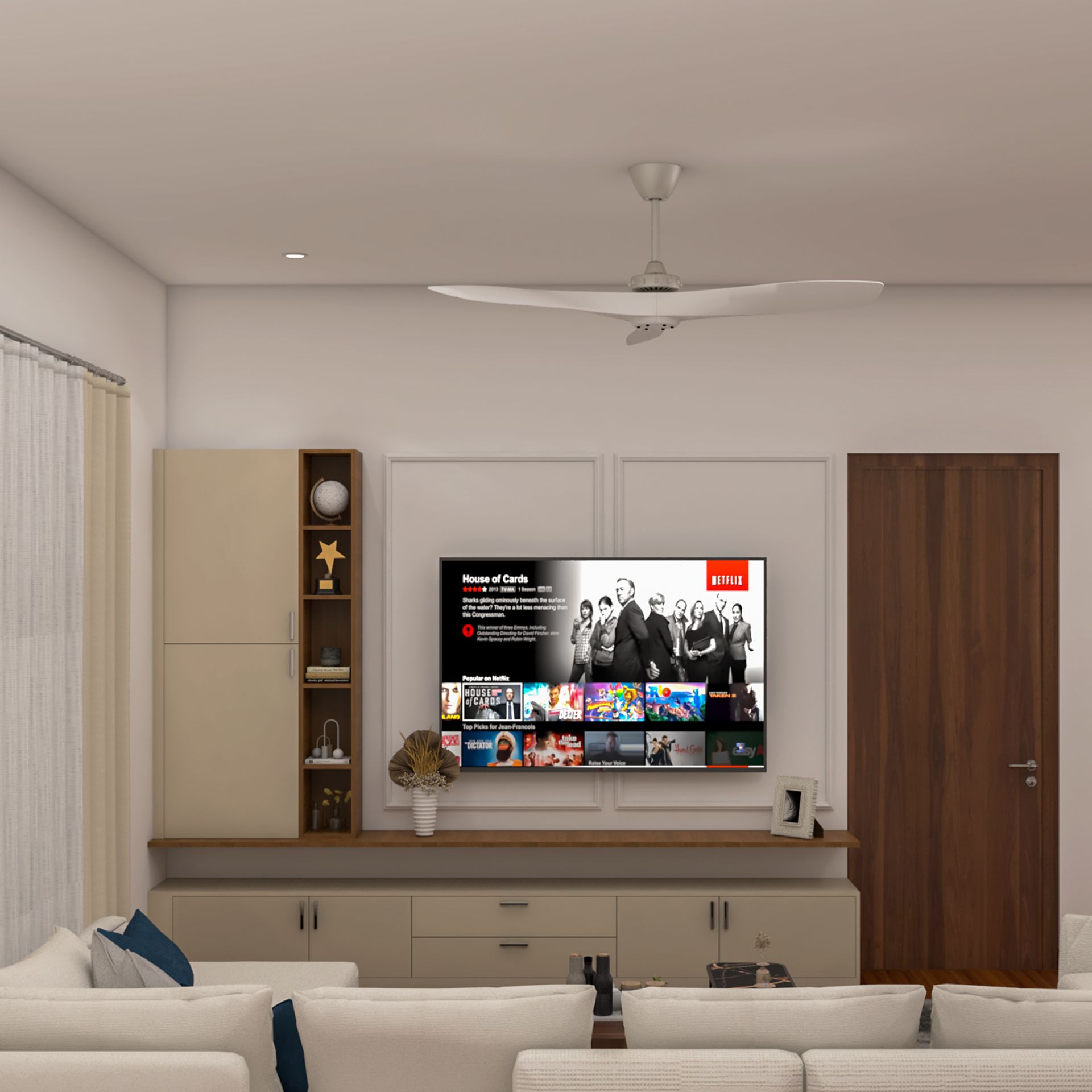 Grey Contemporary TV Unit Design with Vertical Curated Display | Livspace