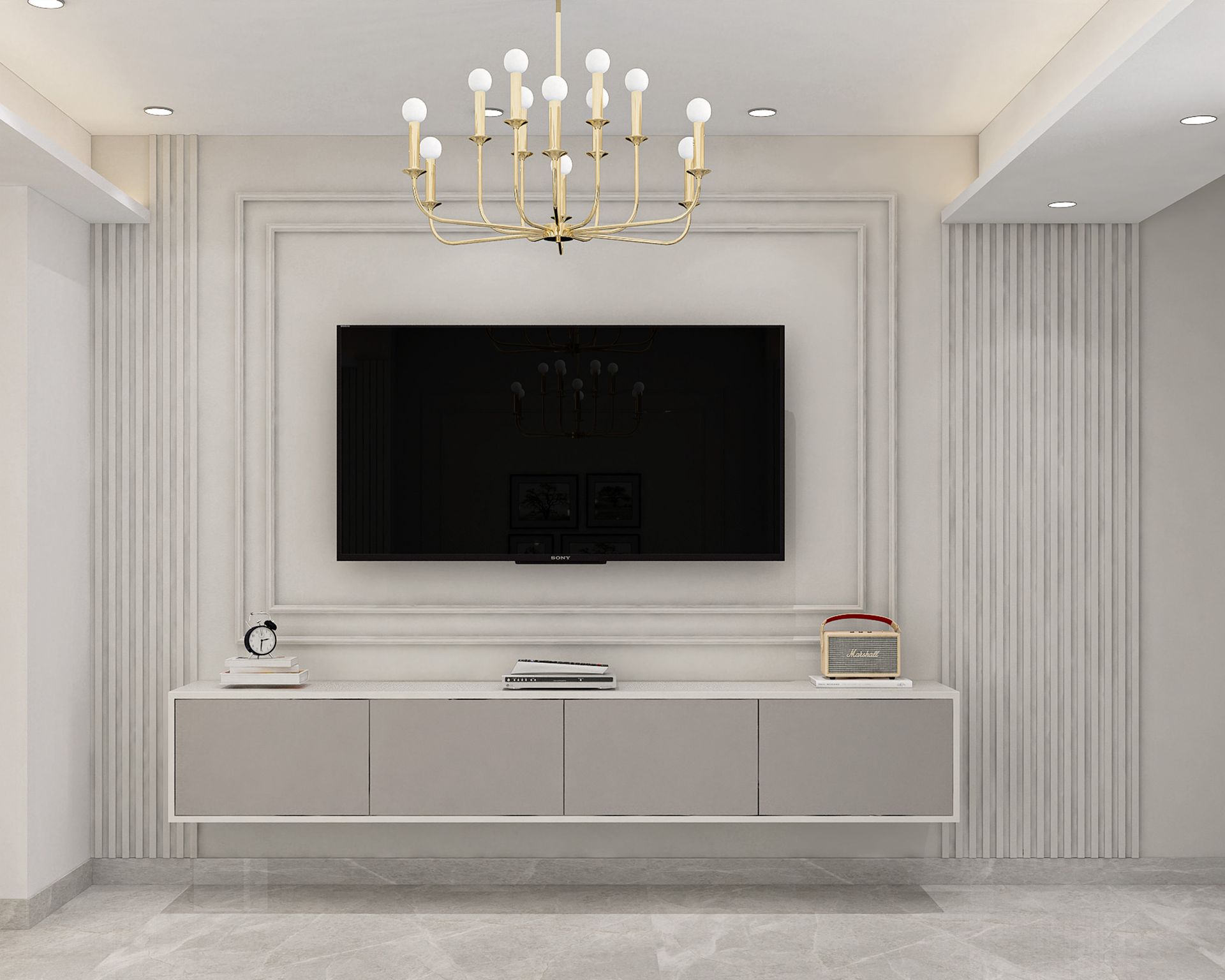 Classic Grey and White TV Unit Design with Fluted Panels and Floating ...