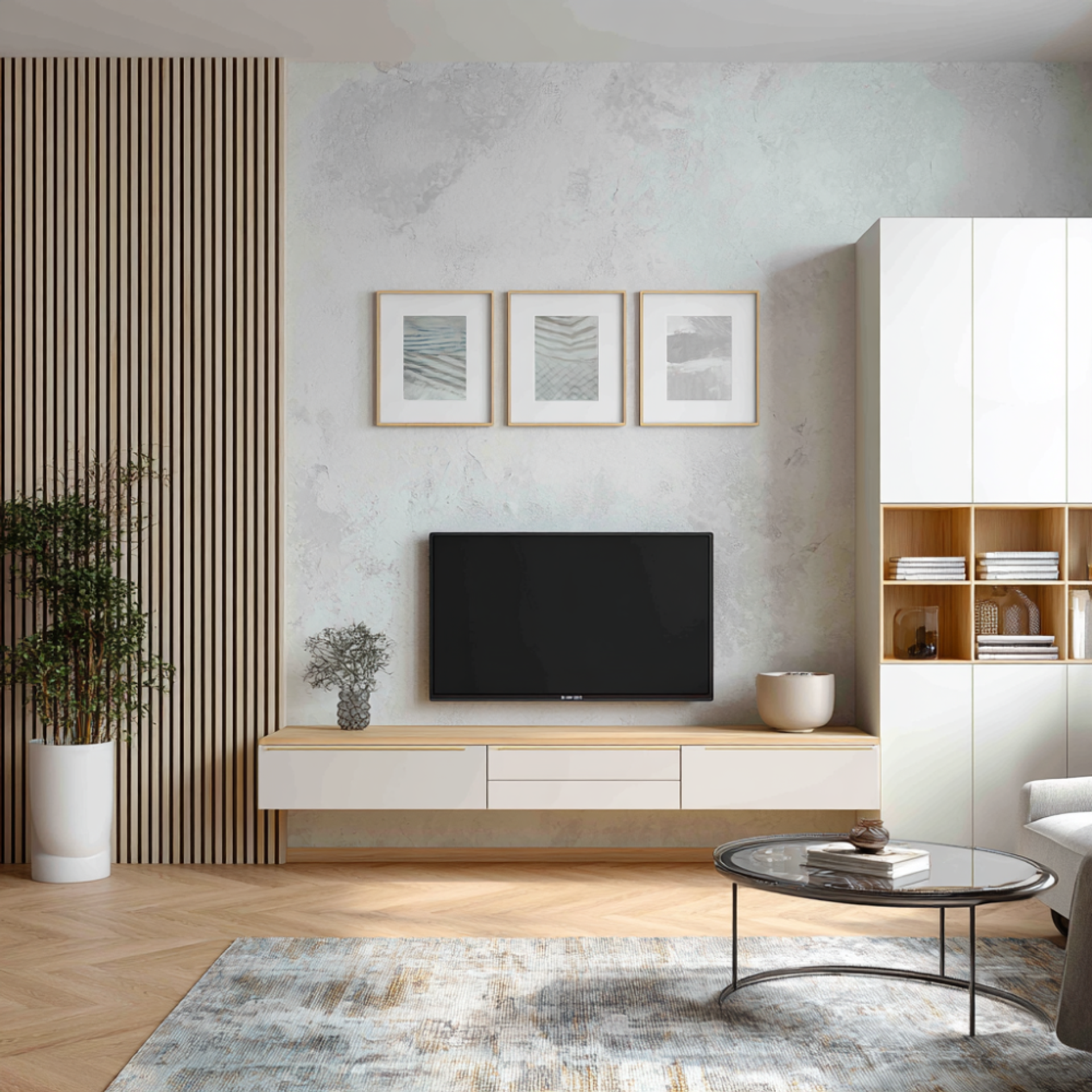 Scandinavian White and Teak TV Unit Design with Vertical Wood Slat ...