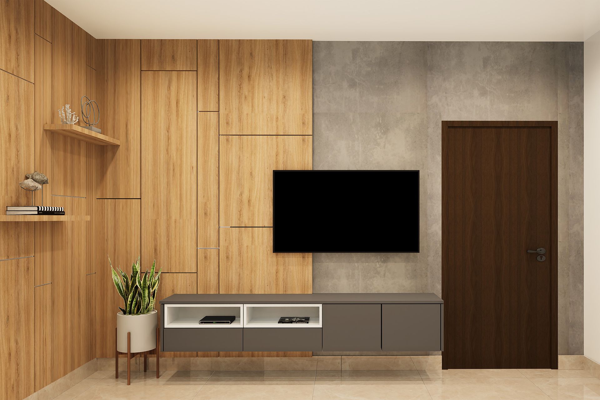 Modern Grey and White TV Unit Design with Bamboo Display Shelves | Livspace