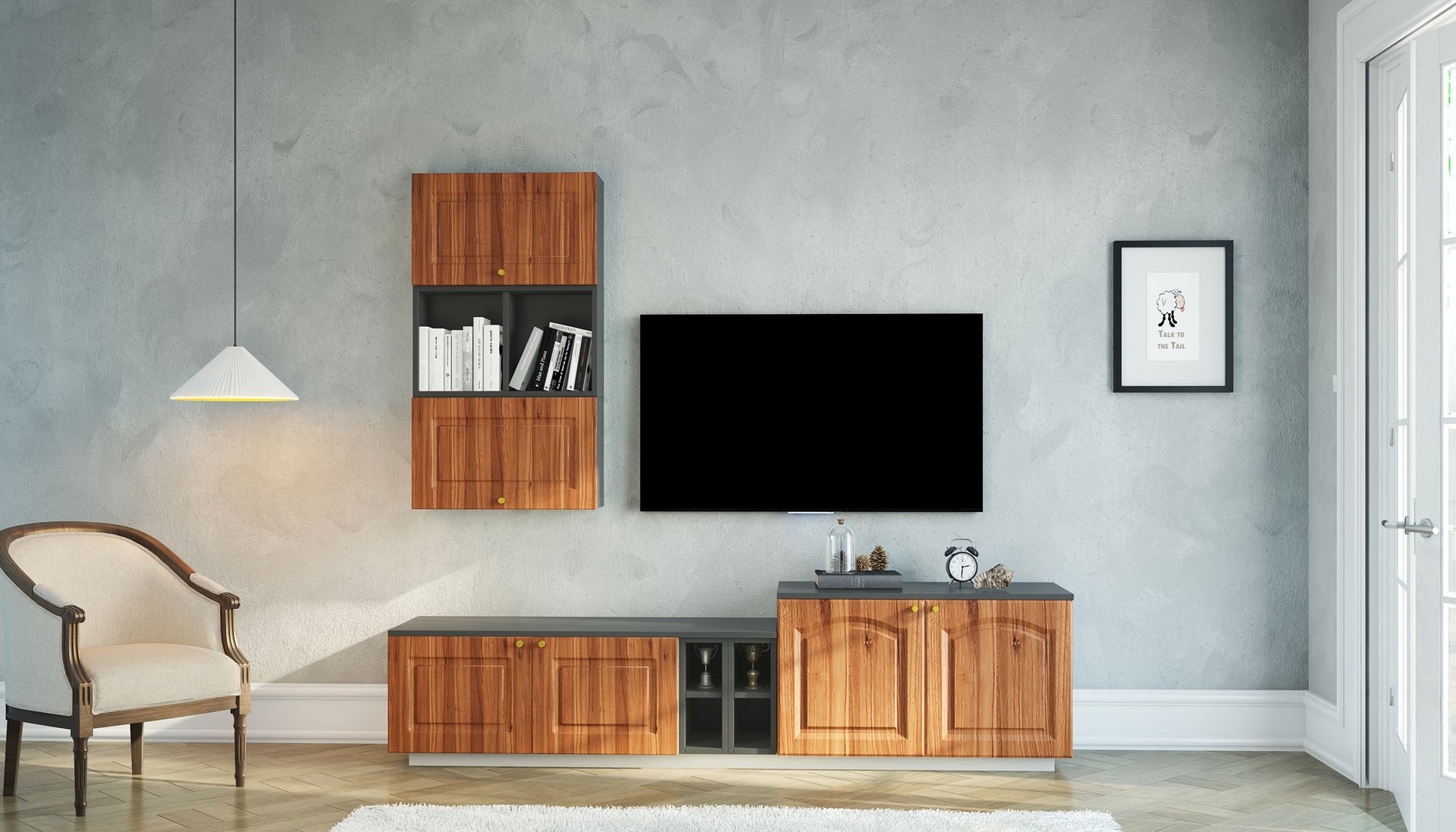 Transitional Wood and Grey TV Unit Design with Upper Display Shelves ...