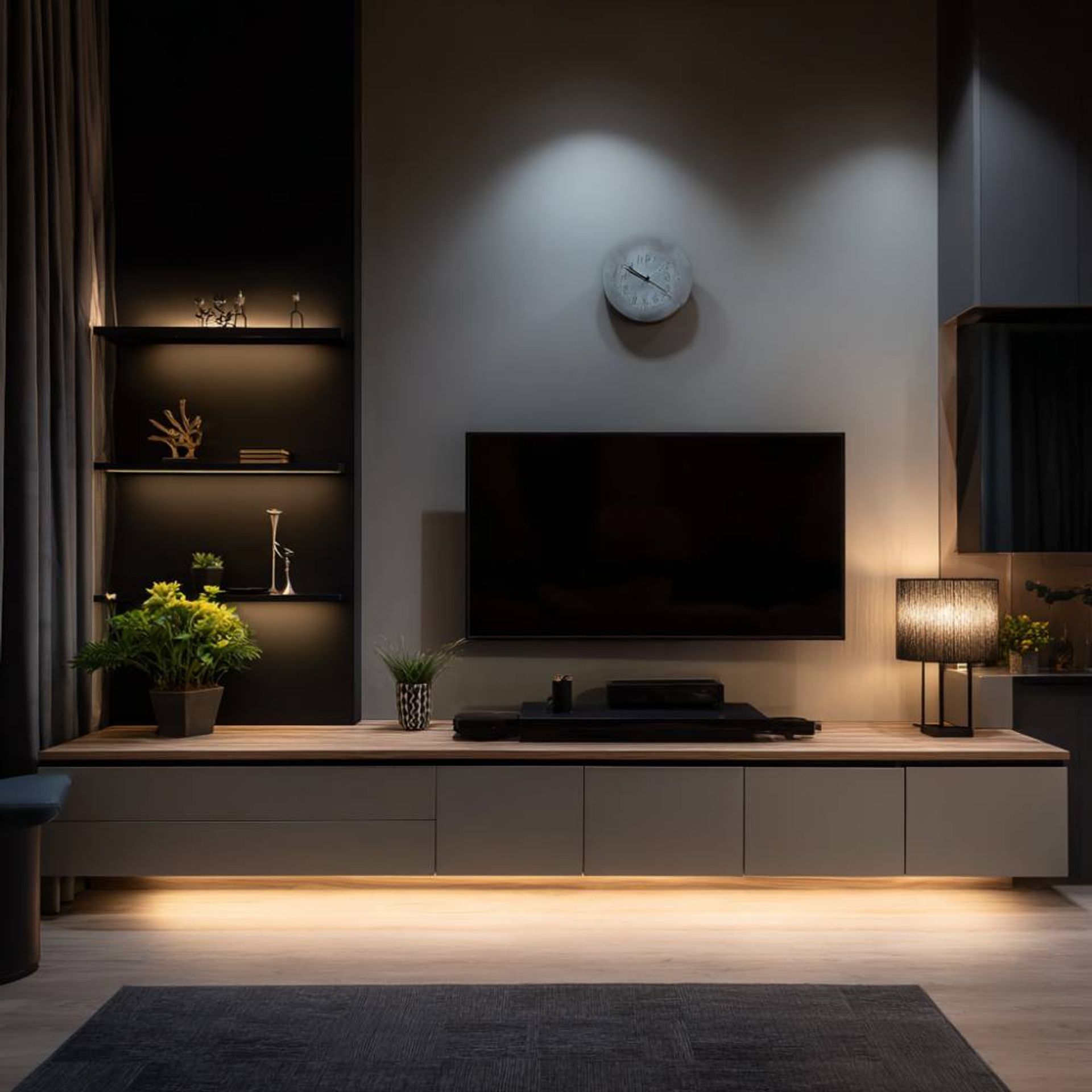 Floating Grey and Walnut Modern TV Unit Design with Symmetrical Layout ...