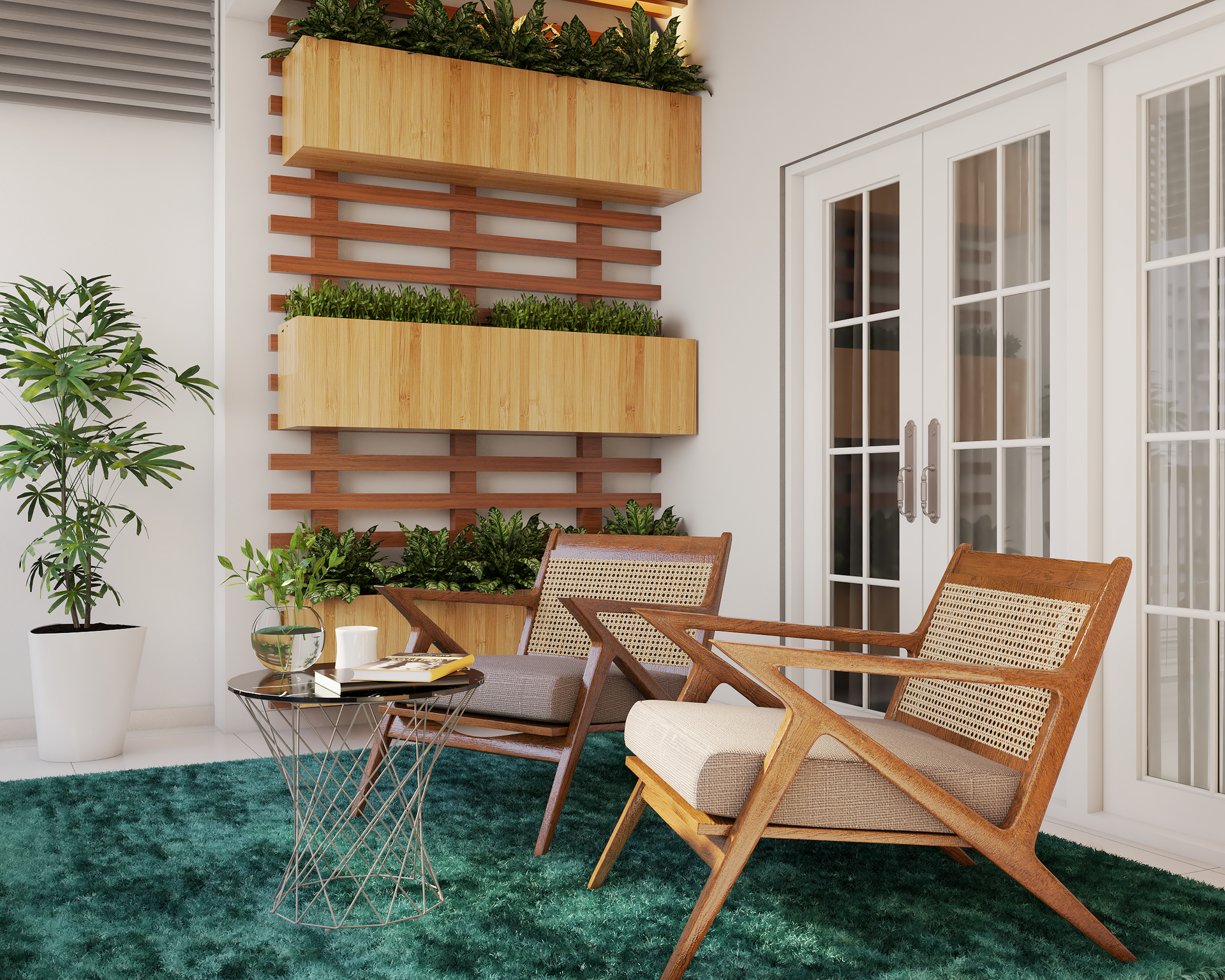 Spacious White Balcony Design With Blue Rug | Livspace