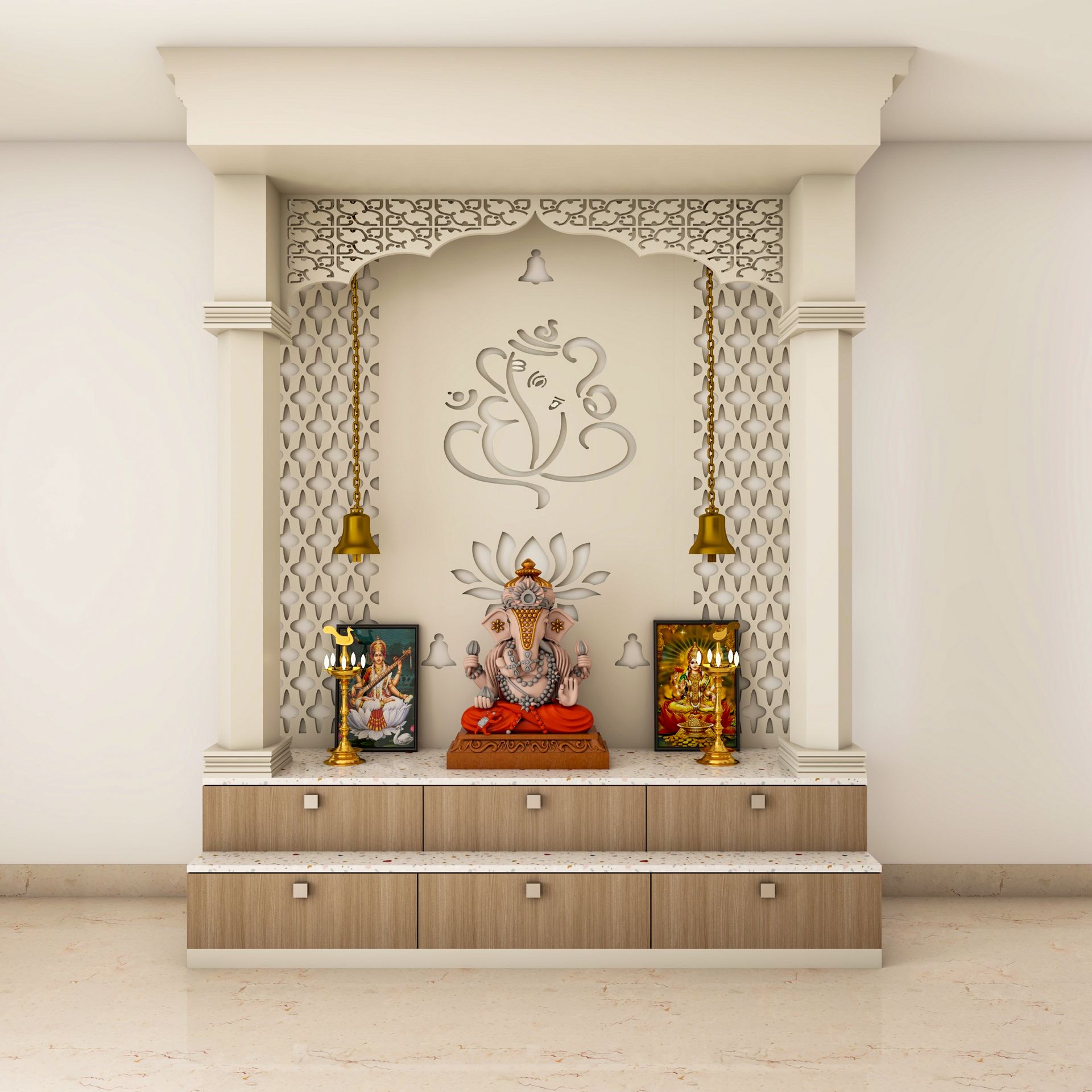 Traditional Pooja Room Design With Creamy White Mandir And Jaali ...