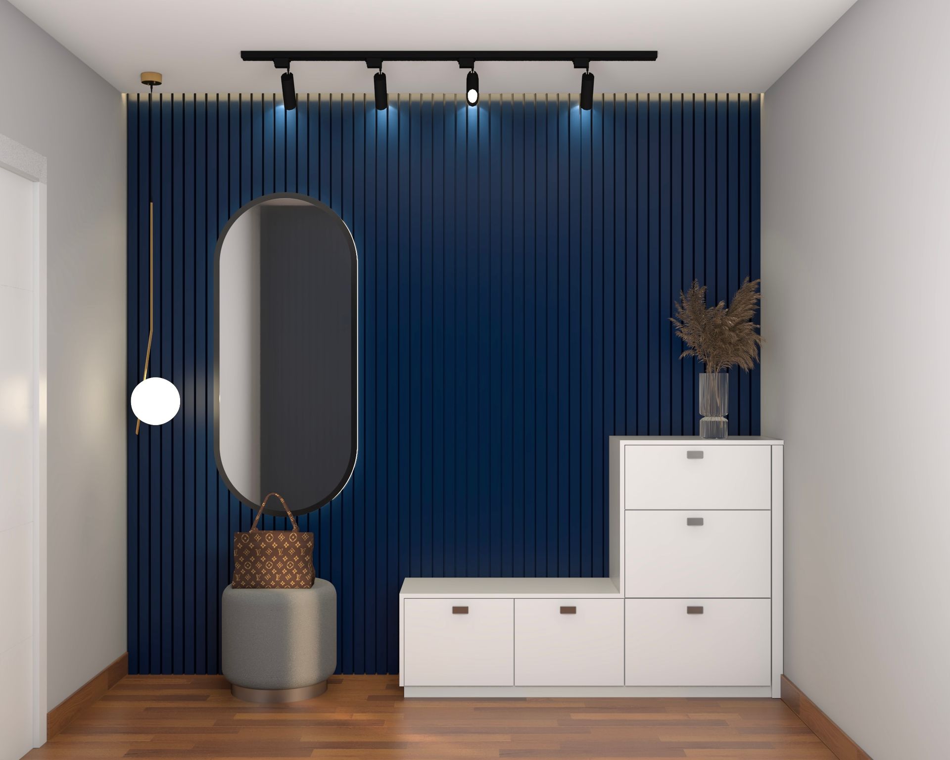 Contemporary Foyer Design With Dark Blue Coloured Panels And Oval ...