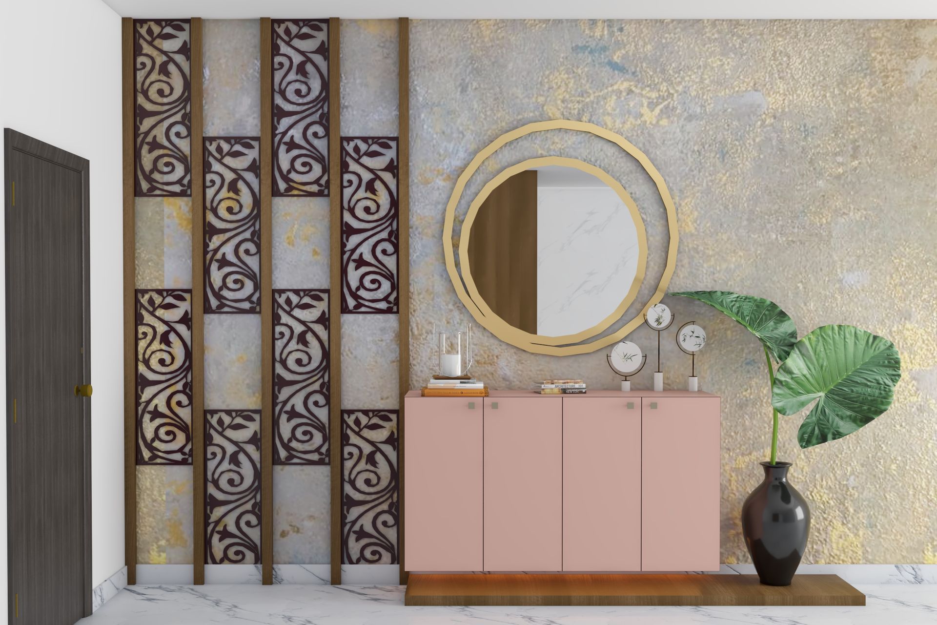 Modern Foyer Design With Pink Storage Unit | Livspace