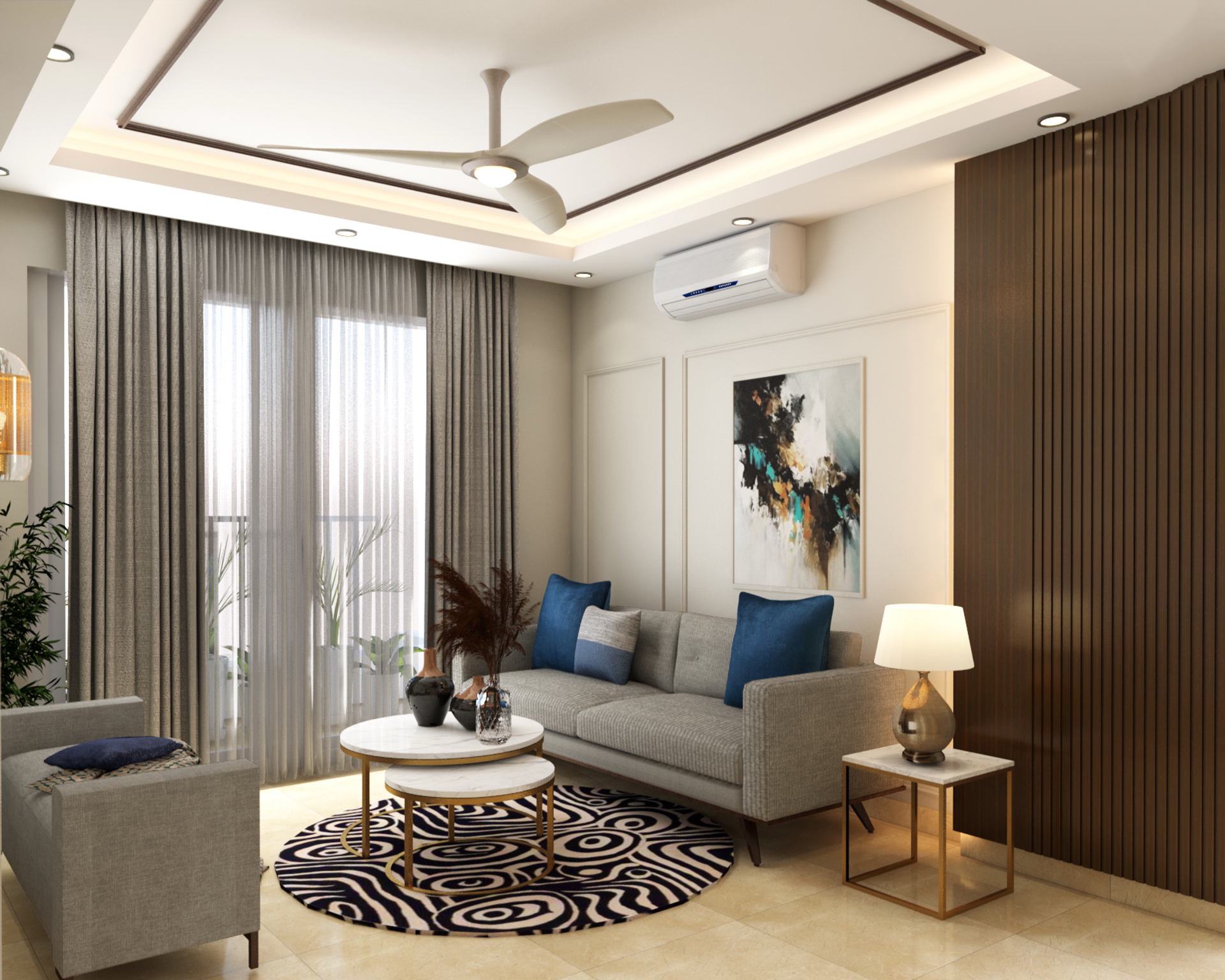 Perimeter False Ceiling With Cove Lights And Wooden Beading | Livspace