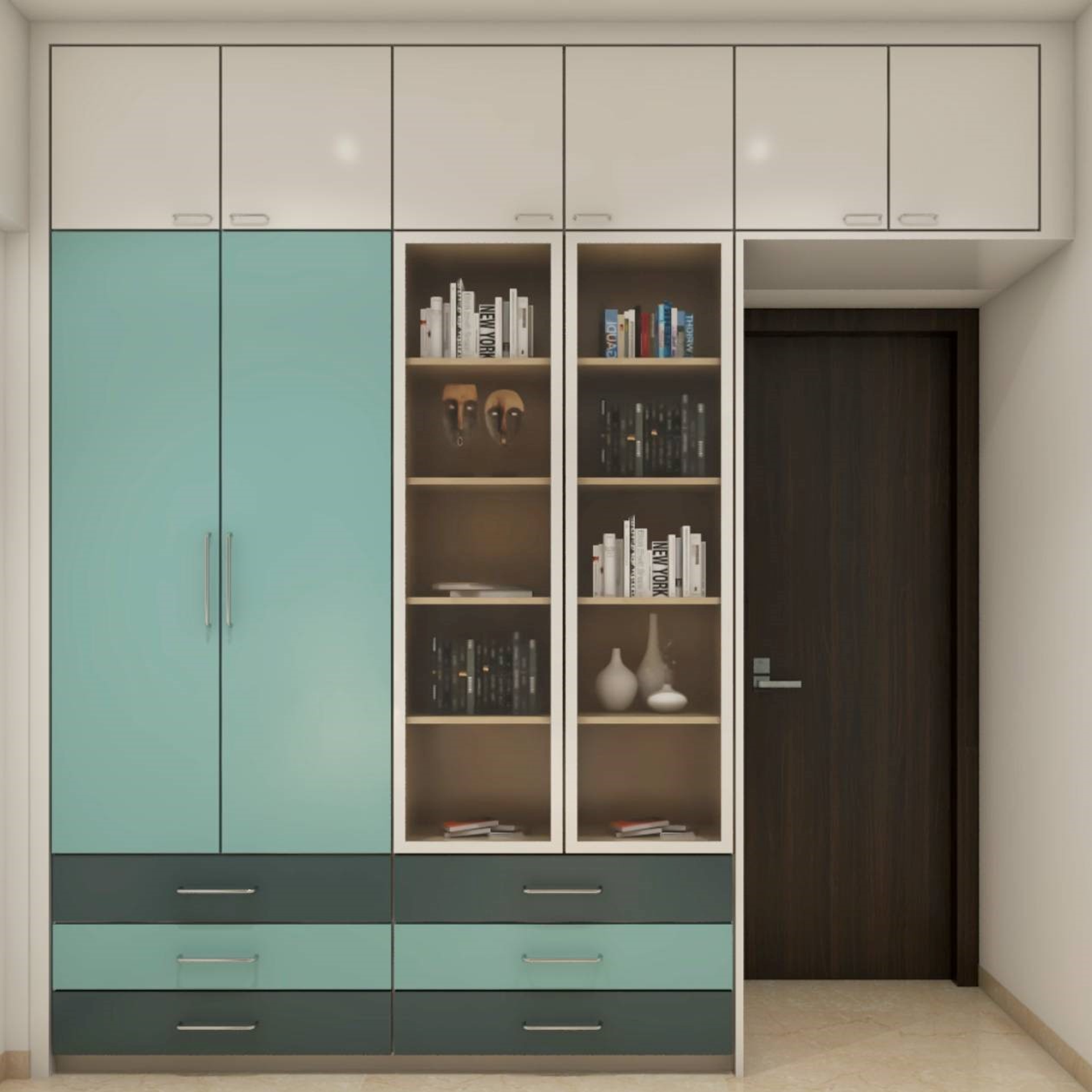 Blue Modern Wardrobe Design With Loft And Drawers | Livspace