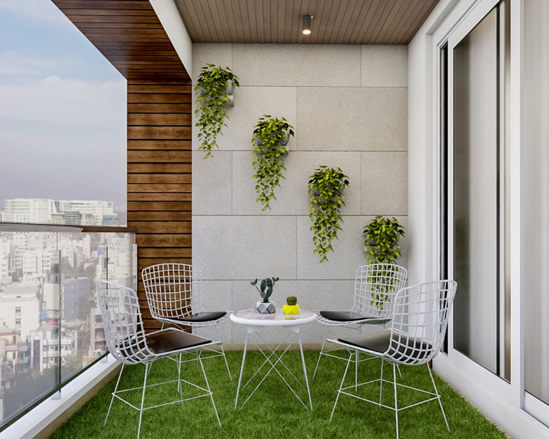 Compact Balcony Design With Grass Flooring And White Metal Furniture ...