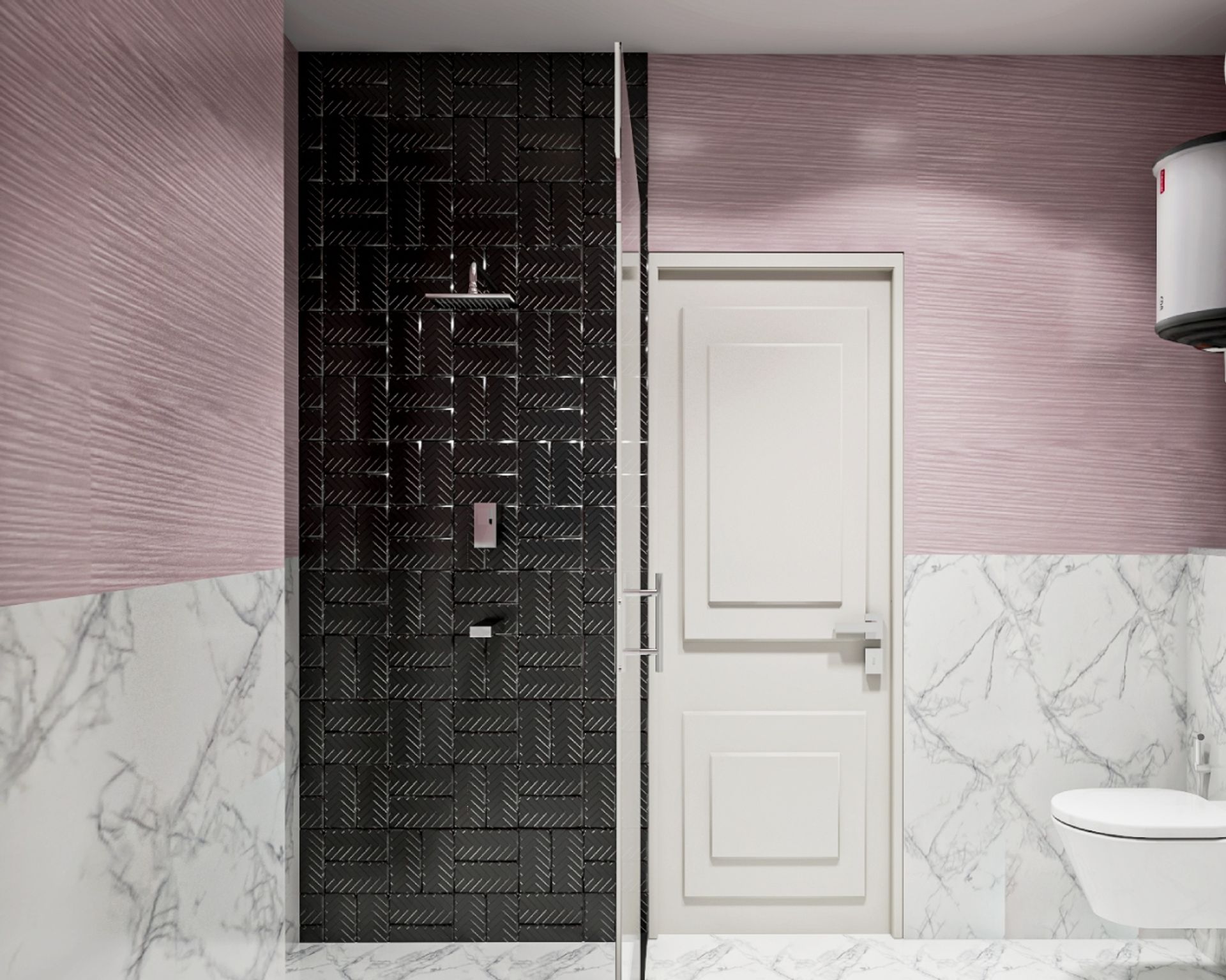 Lavender And Black Bathroom Design With Glass Partition - 9x6 Ft | Livspace