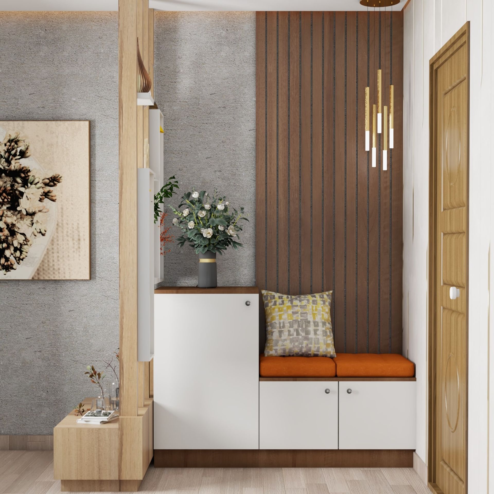 Compact Foyer Design With Two-Tiered Storage Unit And Wooden Fluted ...