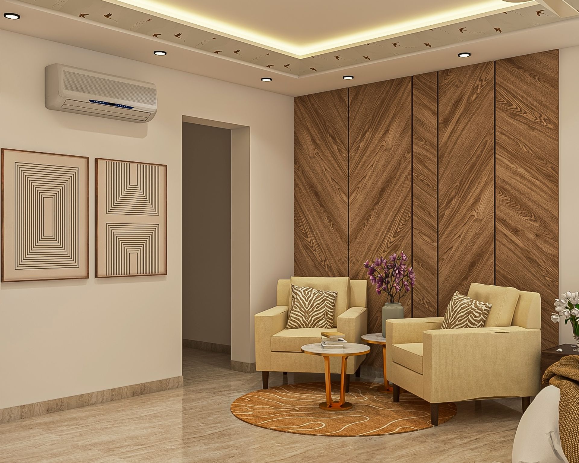 Spacious Guest Room Design With Beige And Wooden Wall Panelling | Livspace