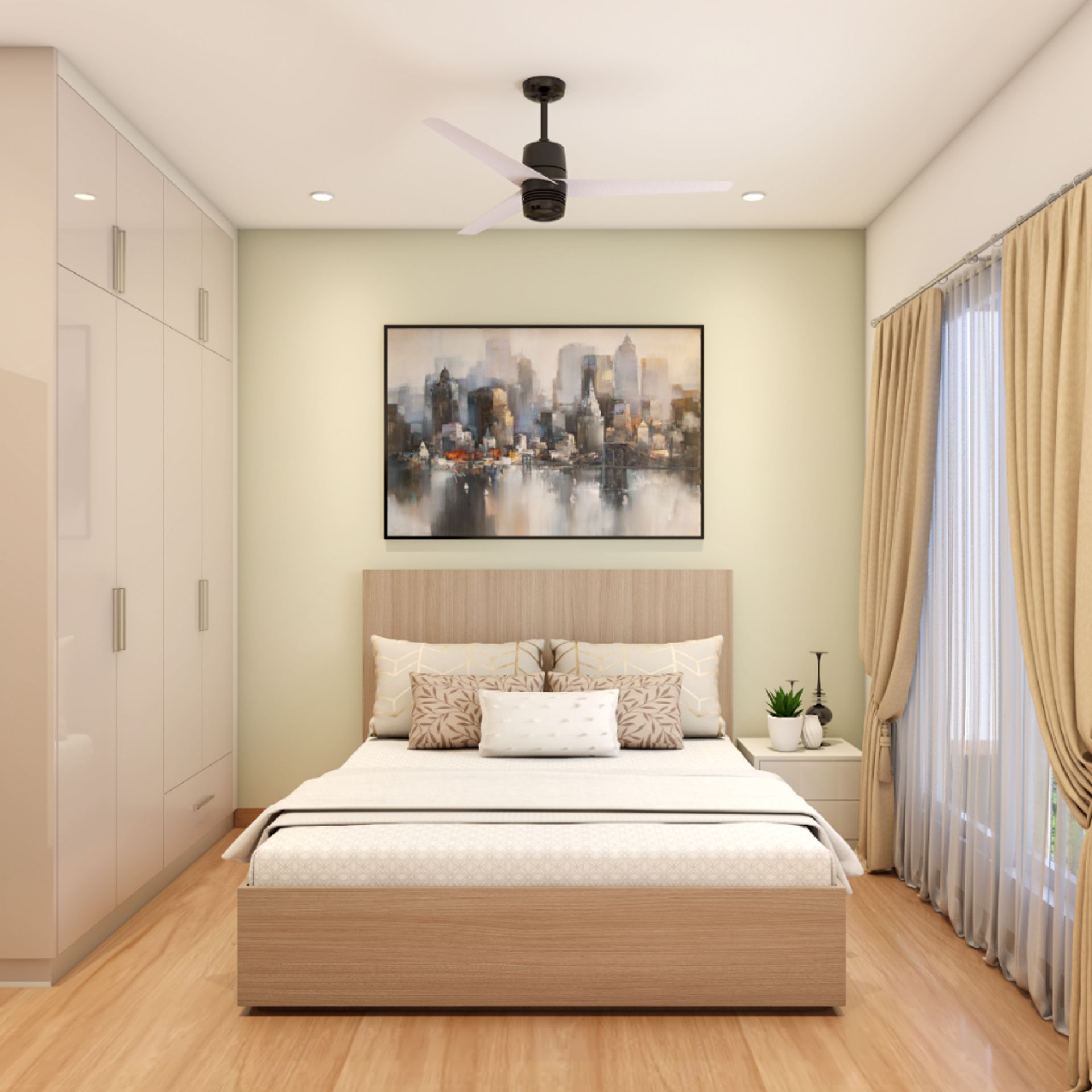 Compact Beige Guest Room Design With Glossy Wardrobe | Livspace